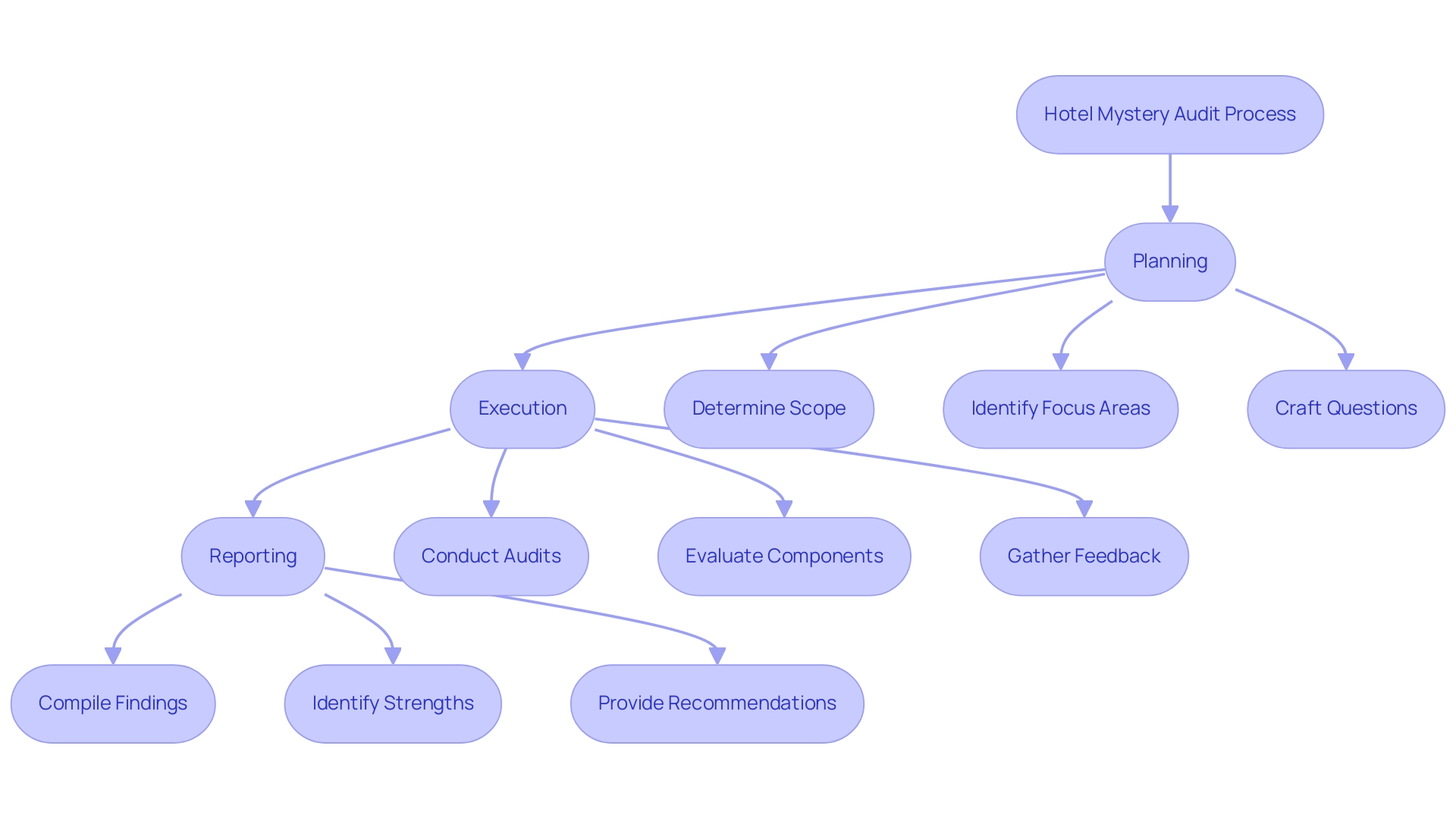 Each box represents a phase of the audit, with bullet points detailing key actions. Arrows indicate the flow from one phase to the next.