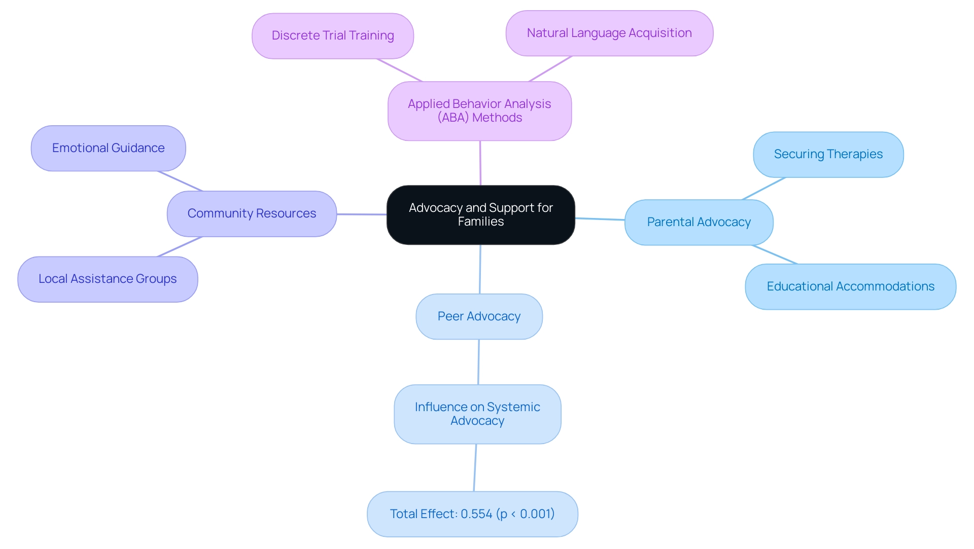 The central node represents advocacy efforts, with branches showing key areas of focus and their respective subcategories.