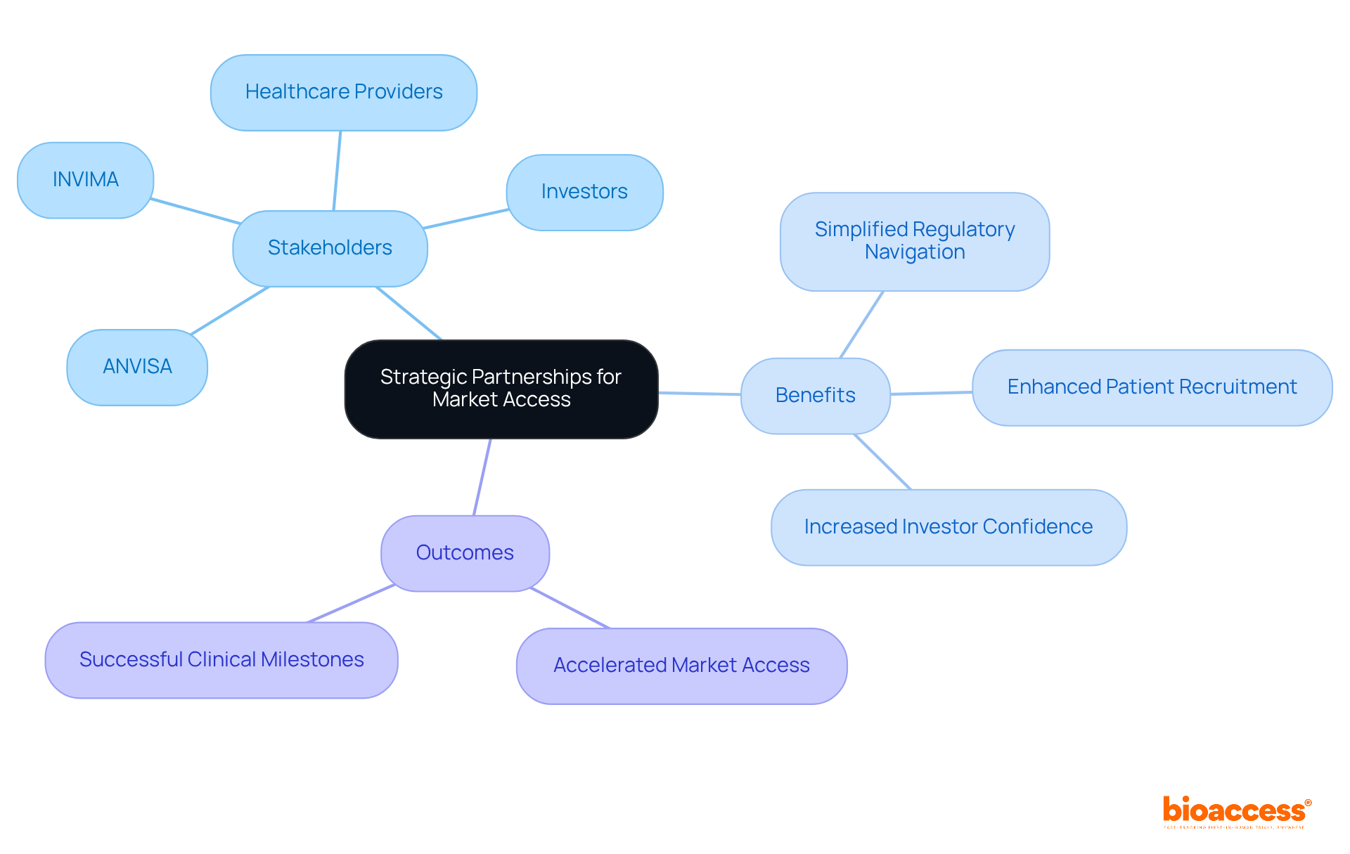 The center represents the main theme of strategic partnerships. Each branch shows different stakeholders, benefits, and outcomes, illustrating how they all contribute to enhancing market access and investor confidence.