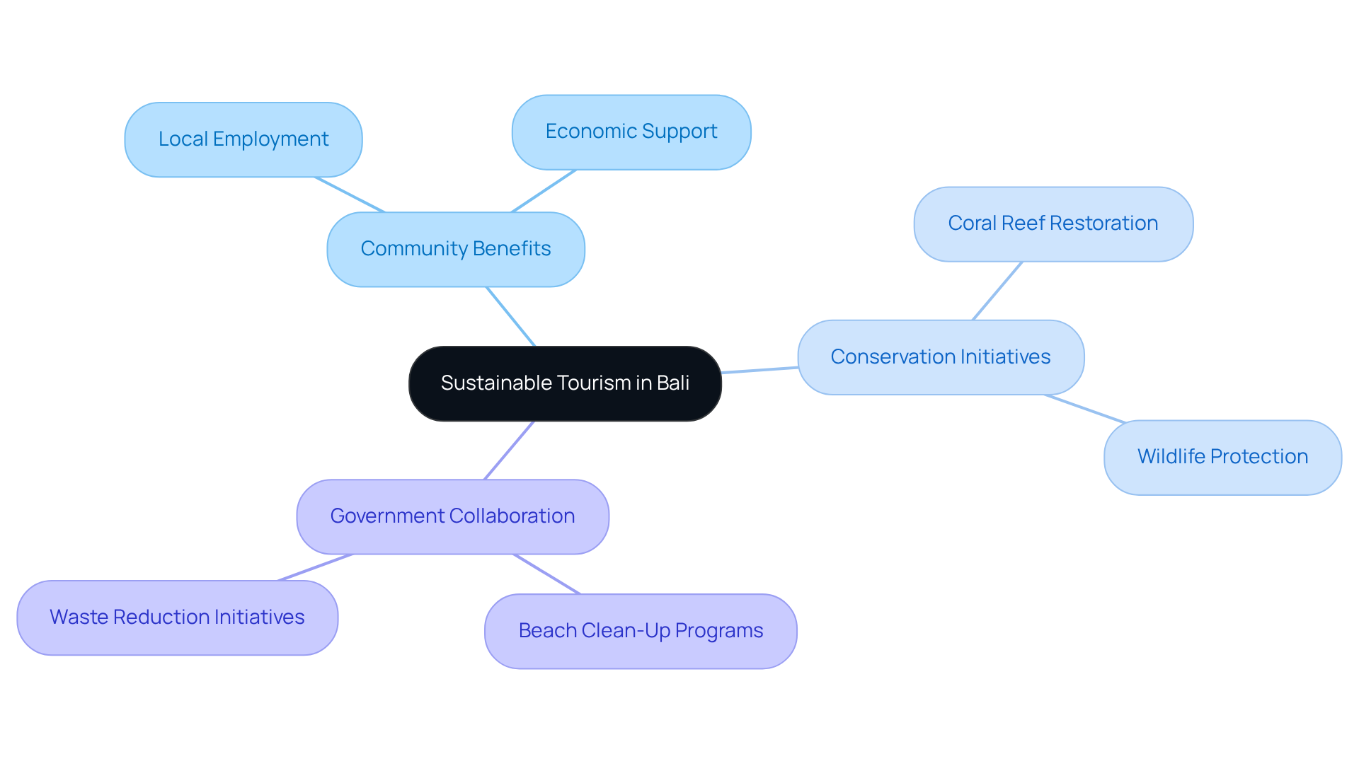 The central node represents sustainable tourism, while the branches show how it positively impacts the community and environment. Each sub-branch highlights specific actions or benefits, illustrating the interconnectedness of these initiatives.