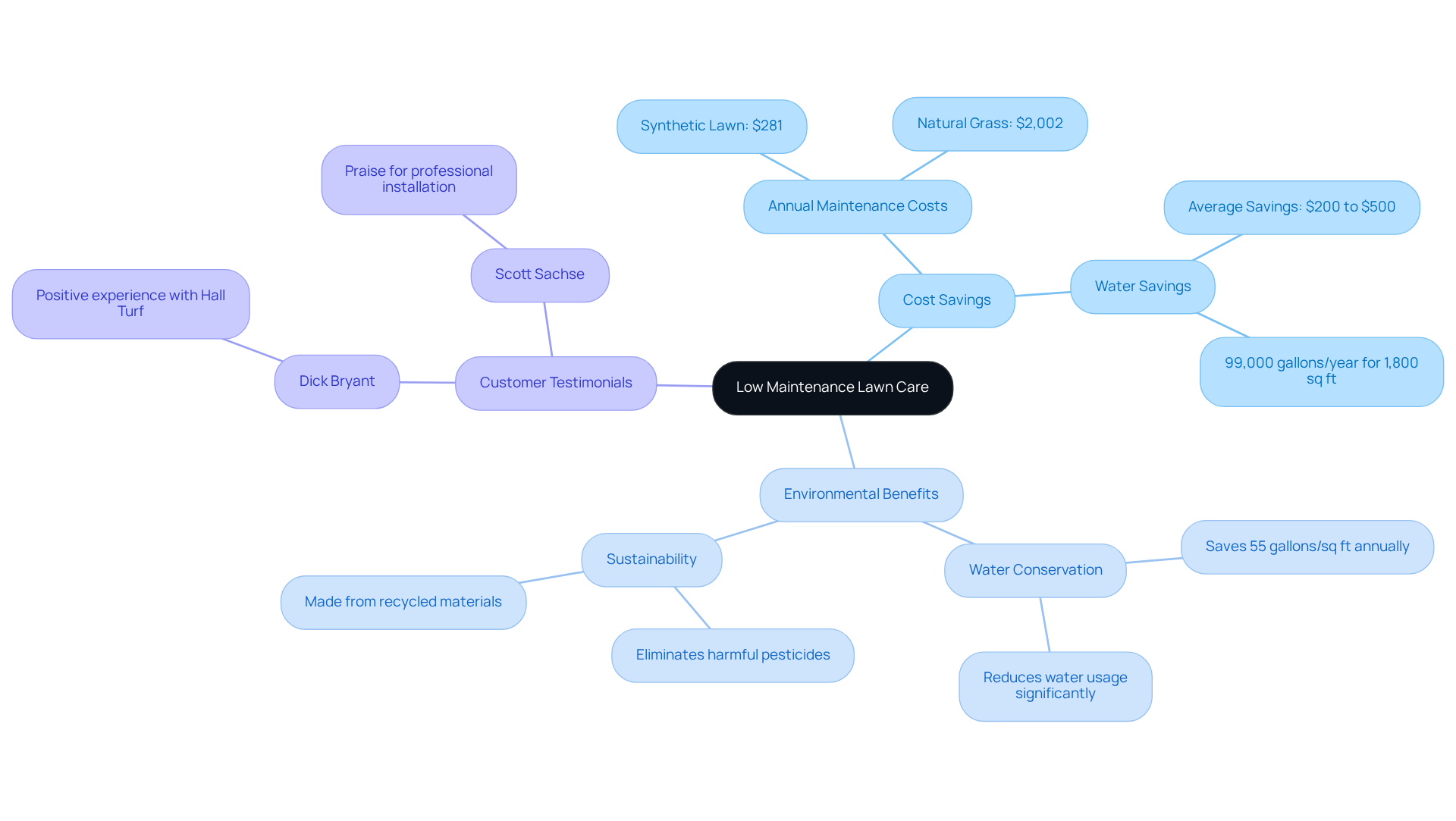 The center shows the main idea of low maintenance lawn care, with branches that detail cost savings, environmental benefits, and what customers are saying about their experiences.