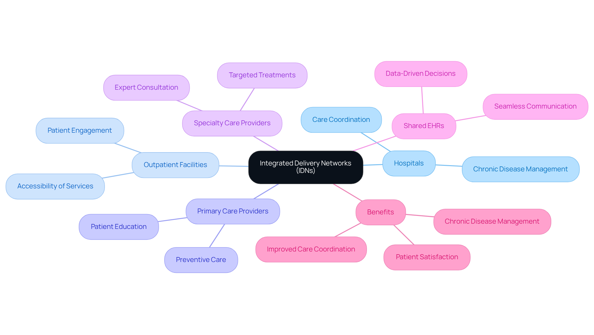 At the center is IDNs, branching out to show different components and their roles in enhancing health management. Each branch highlights how various elements contribute to improved healthcare outcomes.