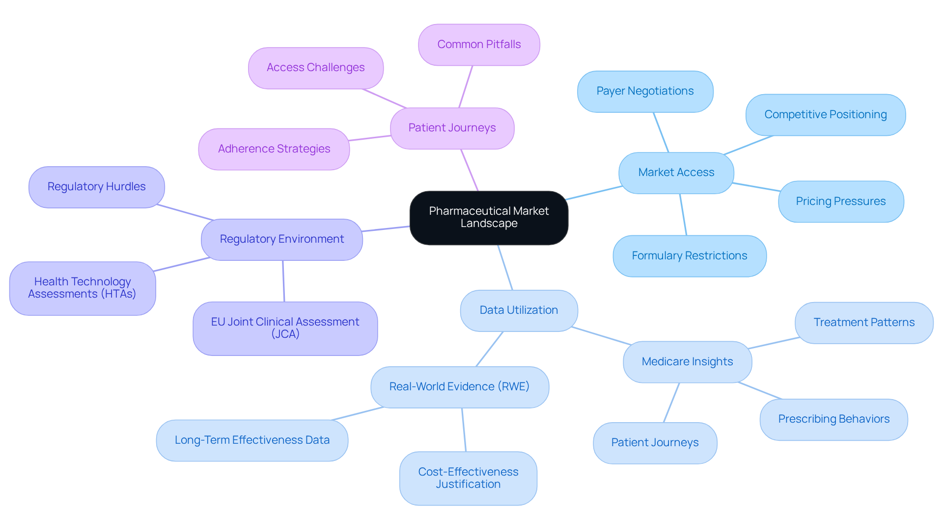 The central node represents the overall market landscape, with branches showing the major components. Each sub-node provides detailed insights related to the main branches, helping to illustrate the complex relationships and data roles in strategy development.
