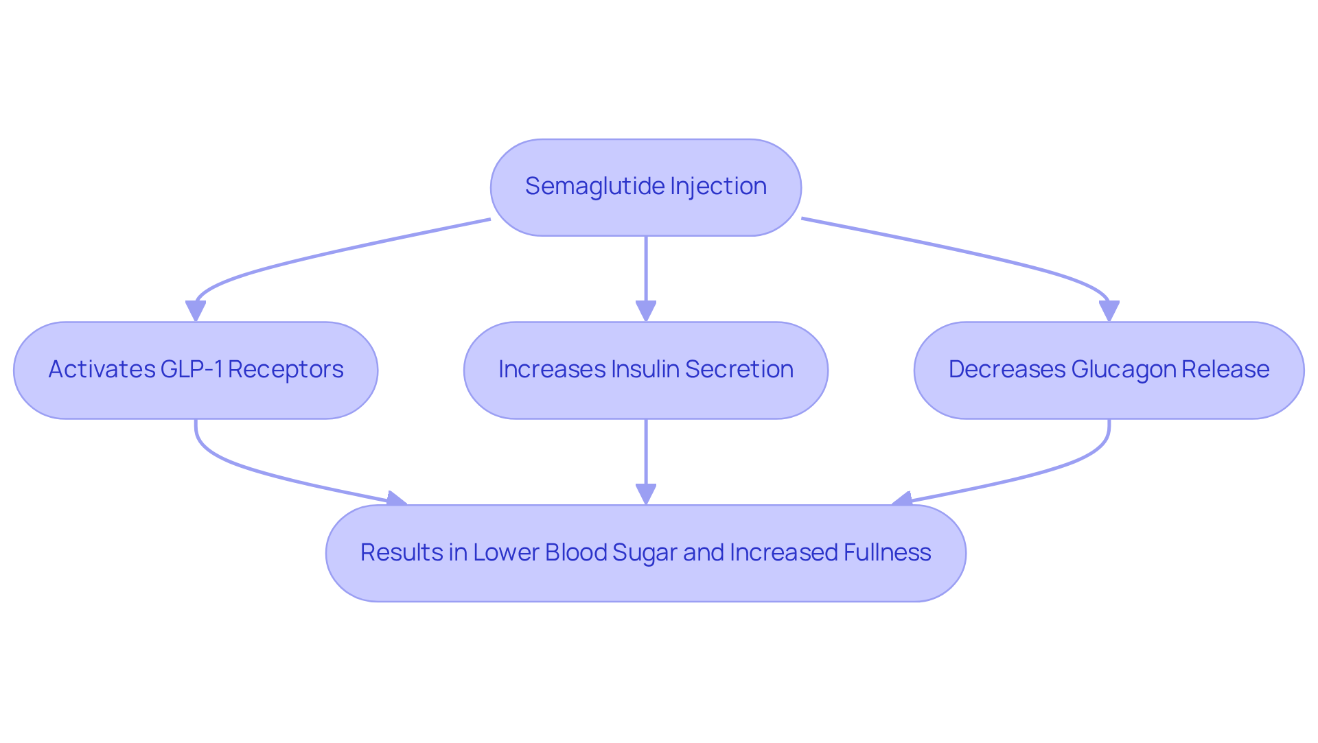 This flowchart illustrates how Semaglutide works in the body. Start with the injection, then follow the arrows to see how it activates receptors and affects insulin and glucagon, leading to lower blood sugar and a feeling of fullness.