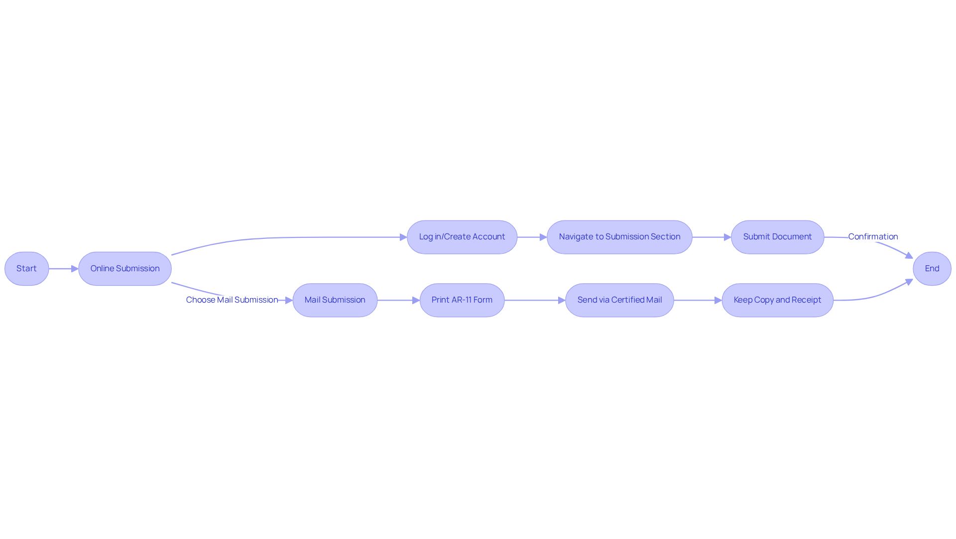 This flowchart guides you through submitting your AR-11 form. Follow the arrows to see whether you want to submit online or by mail, and check the steps for each method.