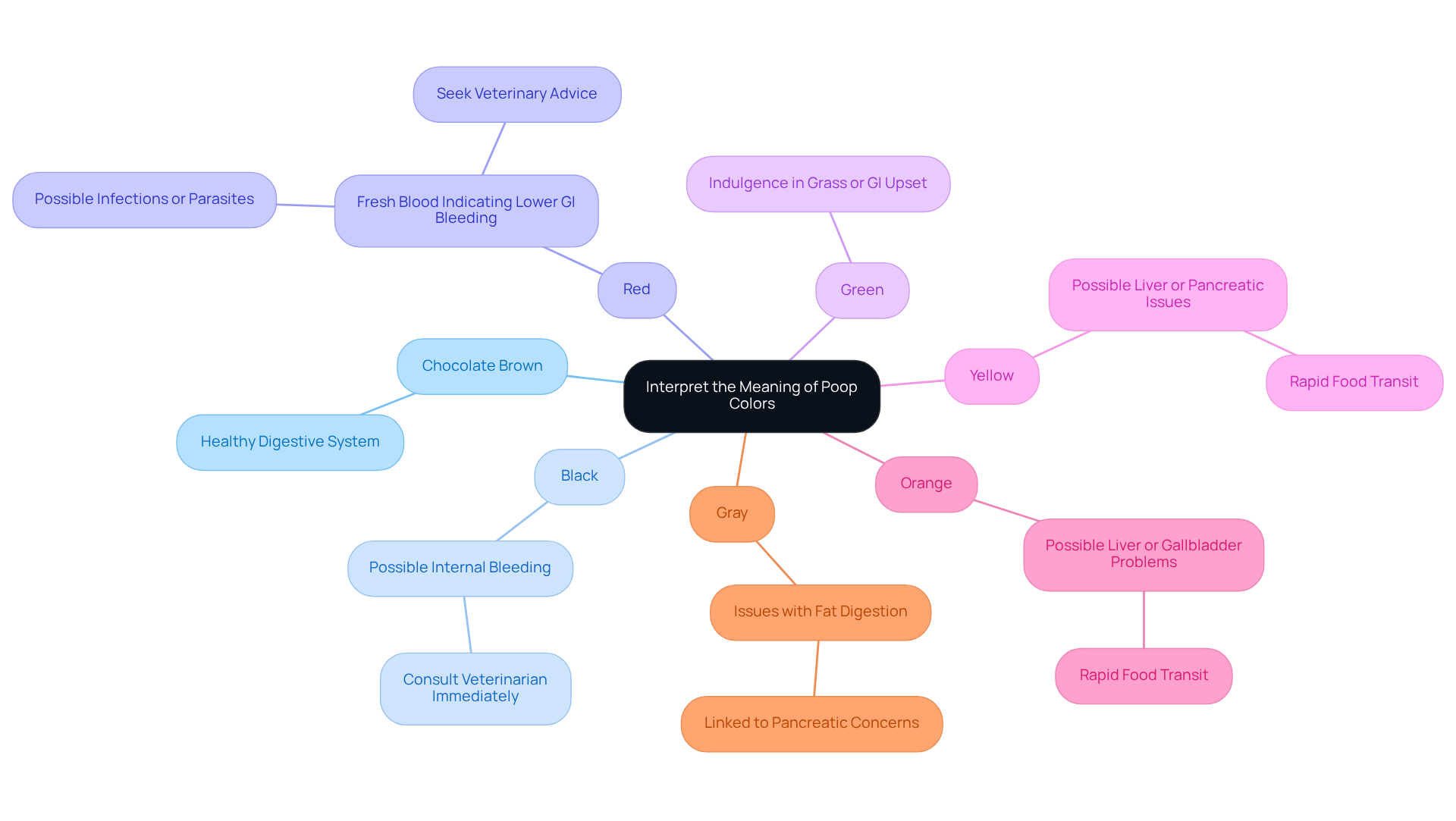 Each branch represents a poop color — follow the color to learn what it might indicate about your dog's health. The further details provide insight into potential health issues, helping you take proactive steps for your furry friend.