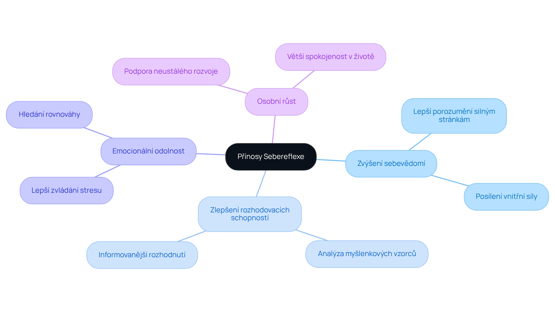 Každá větev ukazuje, jaký přínos sebereflexe může mít na váš život. Čím silnější a více rozvětvené jsou větve, tím větší vliv mají na vaši cestu k lepšímu já. Každá větev ukazuje, jaký přínos sebereflexe může mít na váš život. Čím silnější a více rozvětvené jsou větve, tím větší vliv mají na vaši cestu k lepšímu já.