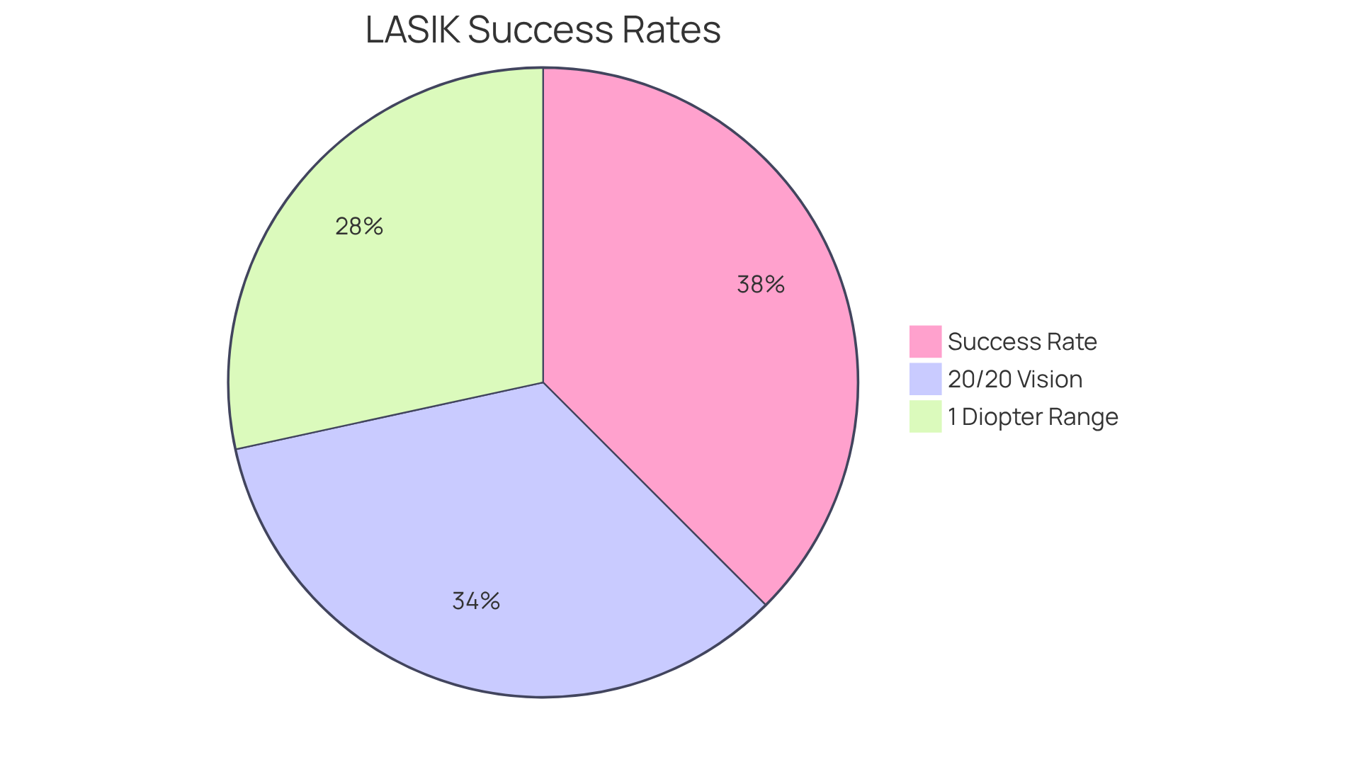 This chart shows the success rates of LASIK eye surgery. The blue slice represents the percentage of patients who achieved 20/20 vision or better, the green slice shows those who stayed within 1 diopter of their initial treatment, and the orange slice indicates the overall success rate of the procedure. The larger the slice, the more patients experienced that outcome! This chart shows the success rates of LASIK eye surgery. The blue slice represents the percentage of patients who achieved 20/20 vision or better, the green slice shows those who stayed within 1 diopter of their initial treatment, and the orange slice indicates the overall success rate of the procedure. The larger the slice, the more patients experienced that outcome!