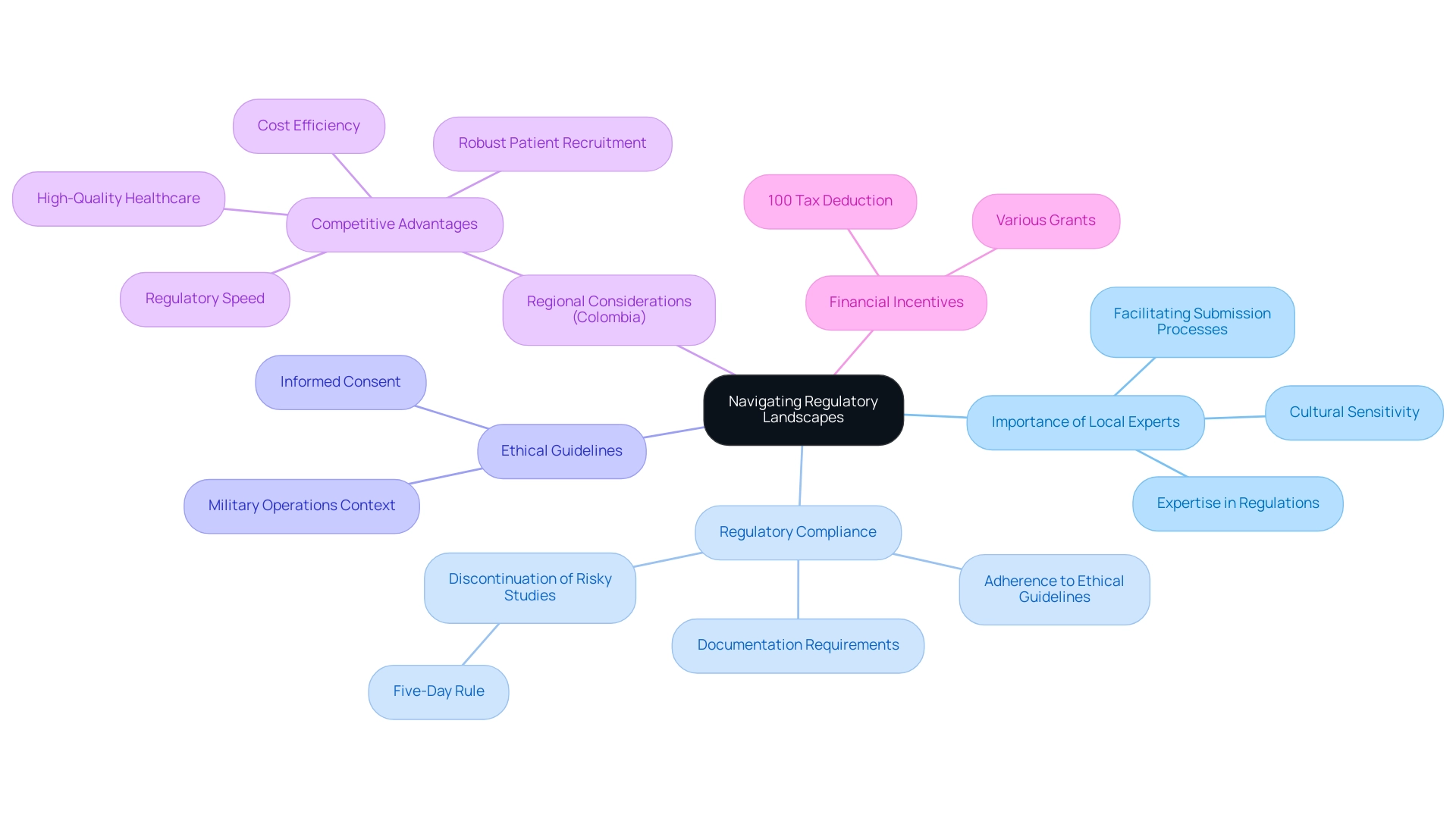 The central node represents the main theme, with branches showing key areas of focus and their respective subtopics.