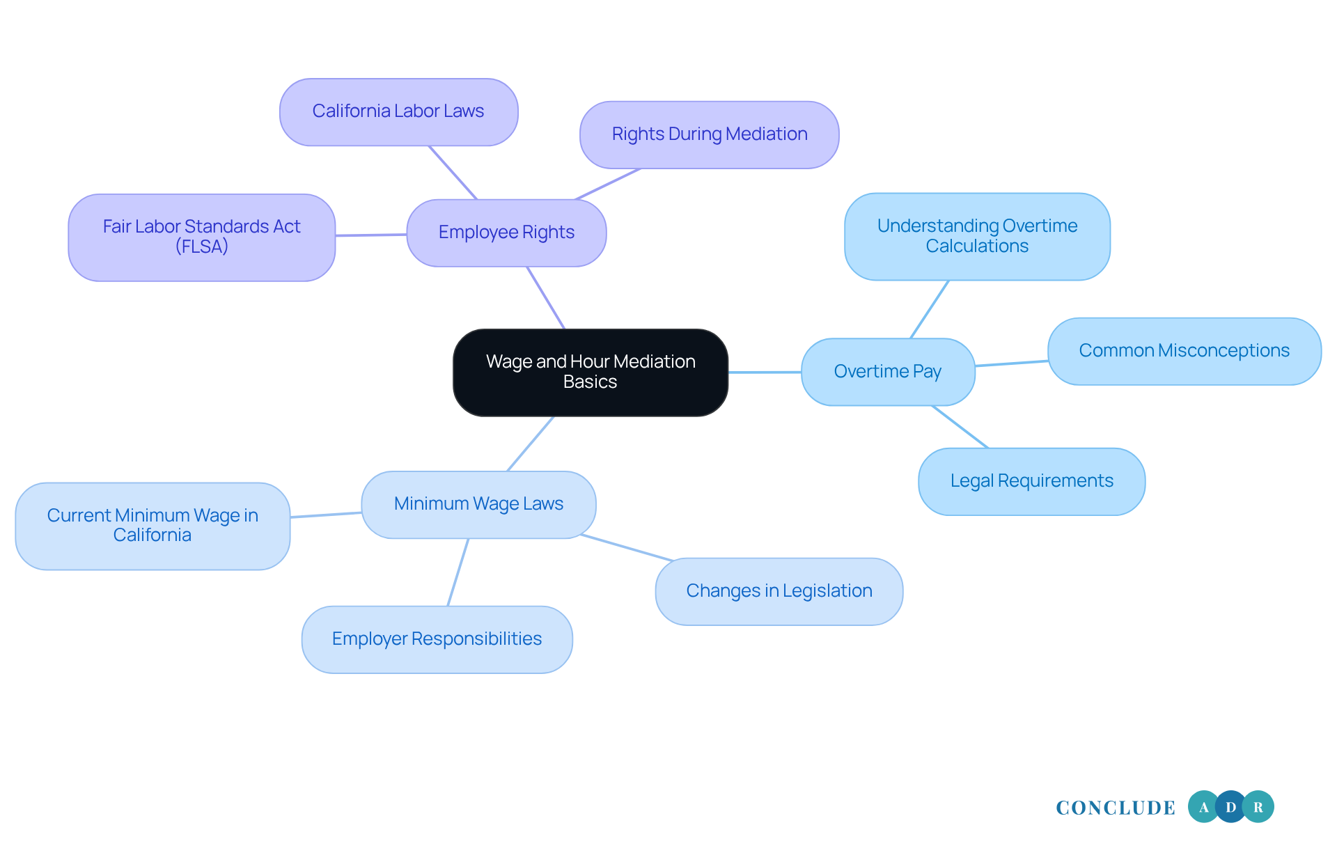 The central node represents the main topic of wage and hour mediation, while the branches show key concepts that are important to understand. Each color-coded branch helps you see how these ideas connect and support each other.