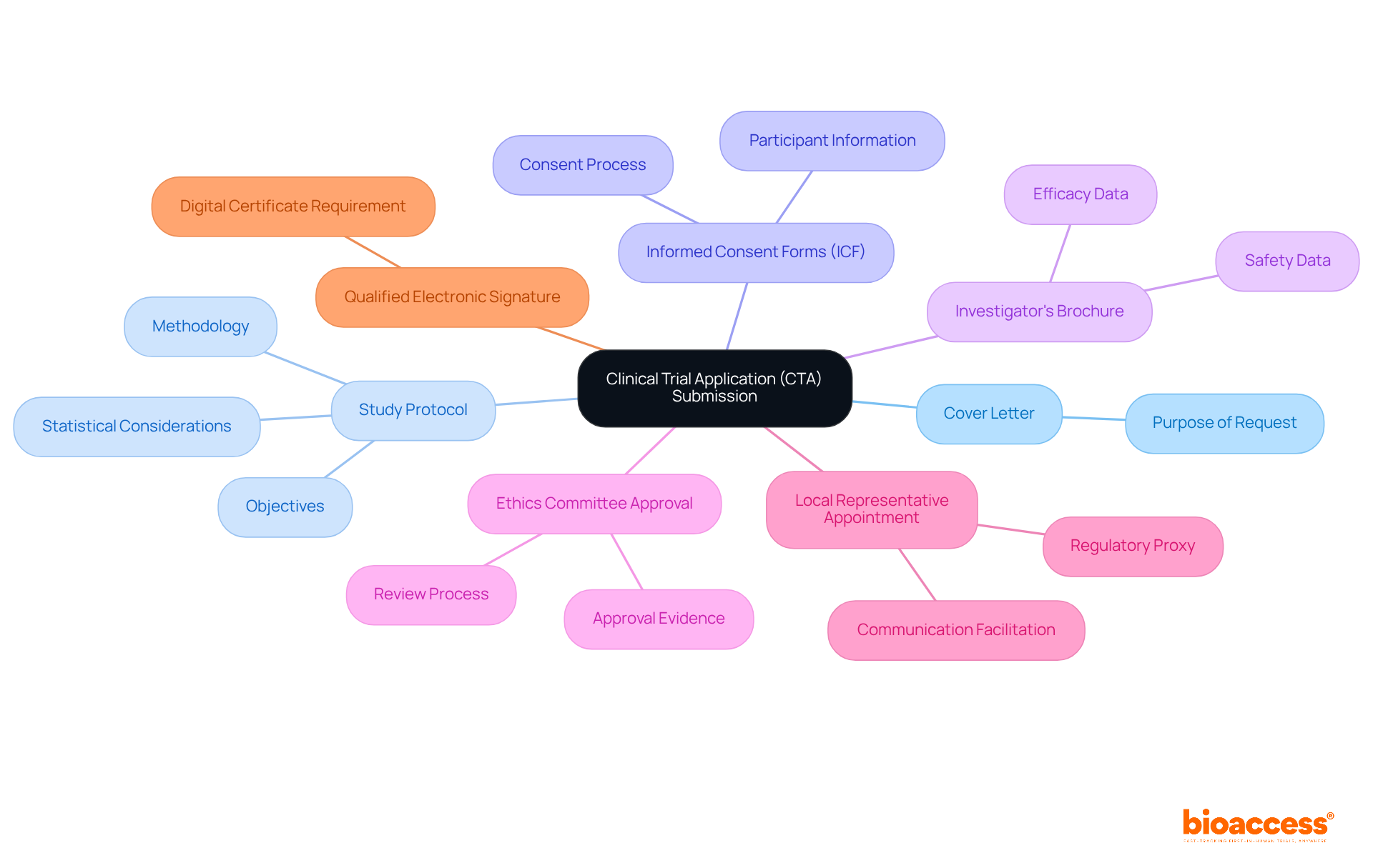 The central node represents the CTA submission process, while each branch shows a required document. This layout helps you understand what you need to prepare for a successful submission.