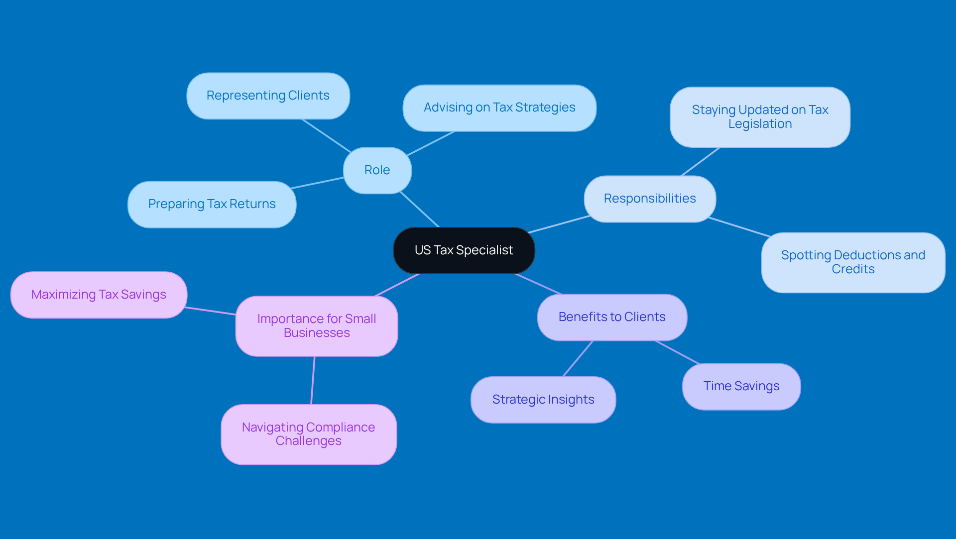 This mindmap illustrates the various aspects of a US tax specialist's role. Start at the center with the main idea, then follow the branches to explore their responsibilities and how they benefit clients, especially small business owners. Each branch represents a key area of focus, helping you see the big picture of what tax specialists do.