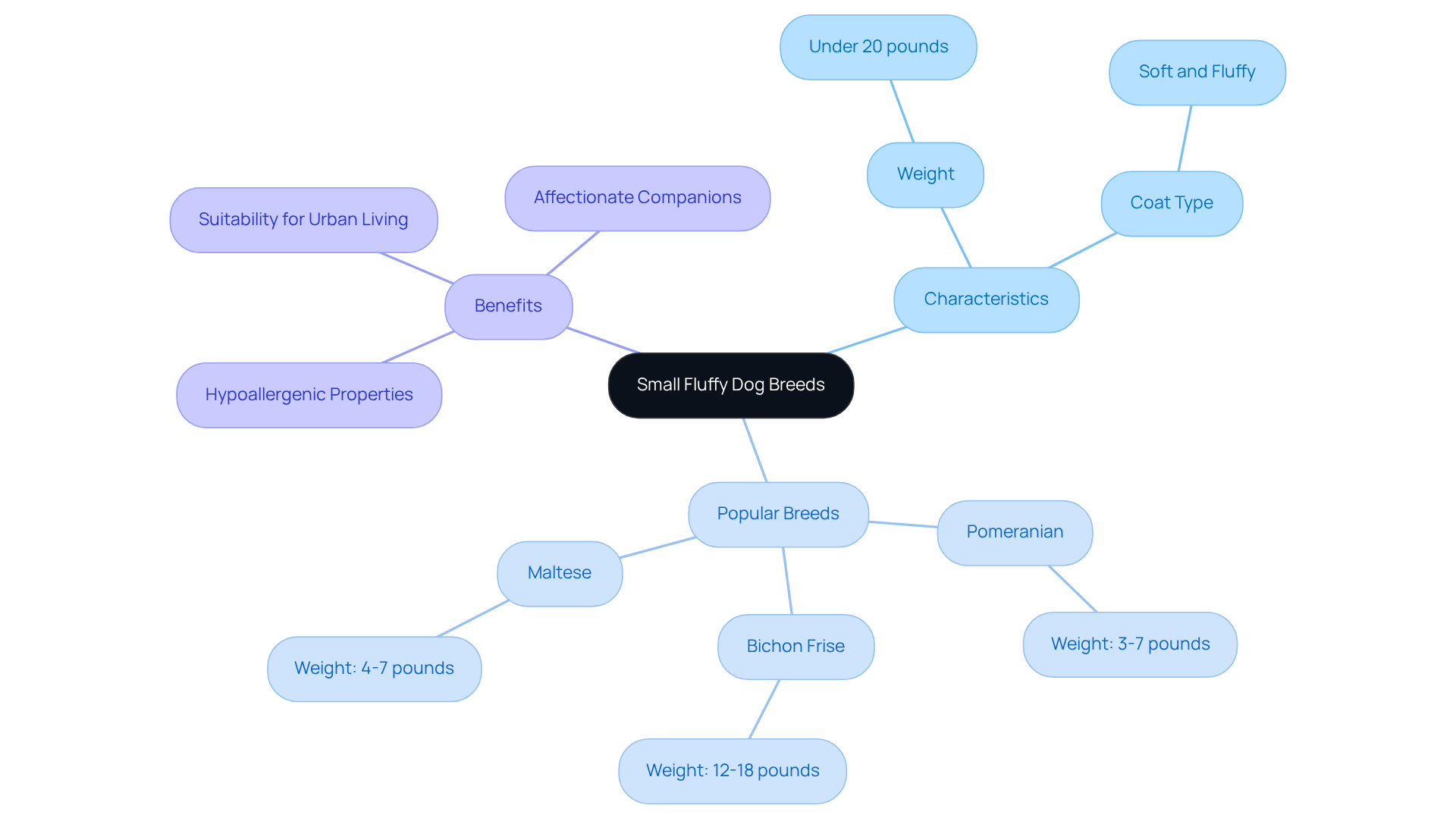 The central node shows the main topic of small fluffy dog breeds, while branches illustrate characteristics, popular breeds, and the benefits they offer, making it easy to understand their appeal and care requirements.