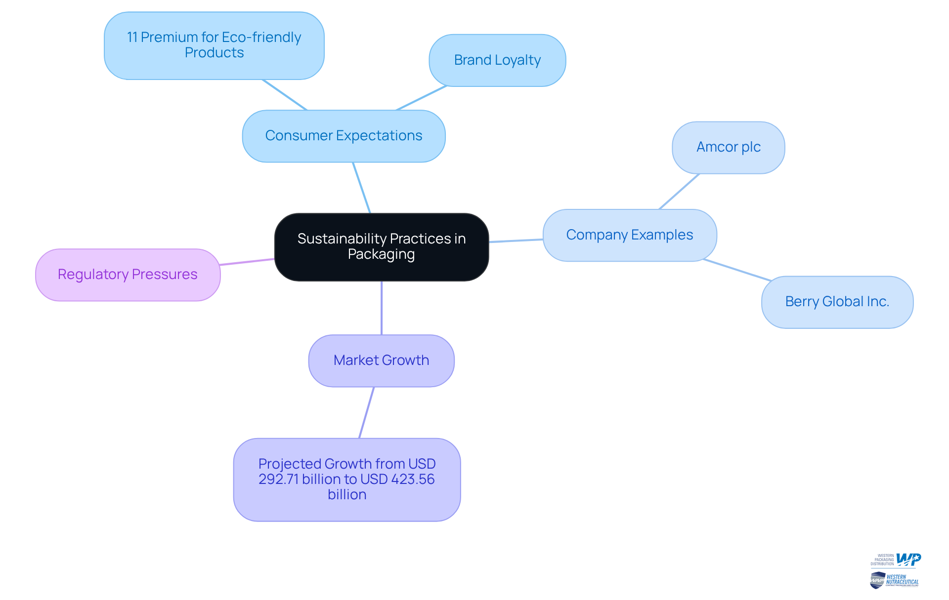 The central node shows the main theme of sustainability practices. Branches represent key topics like consumer behavior, examples of companies leading in sustainability, and market trends. Each sub-branch provides more details, helping to visualize how these aspects connect.