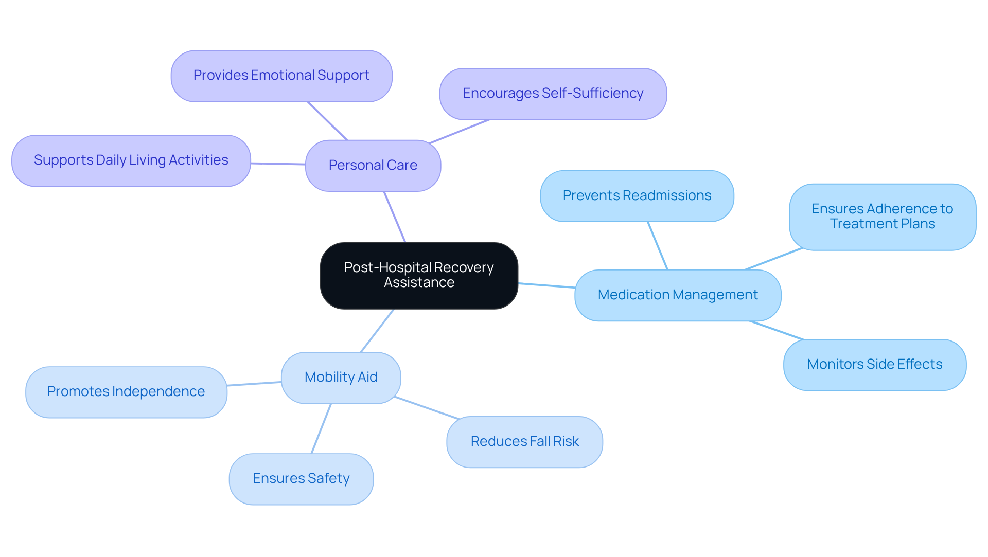 Start at the center with the main concept of recovery assistance, then explore each service and how it supports older adults in regaining their independence.