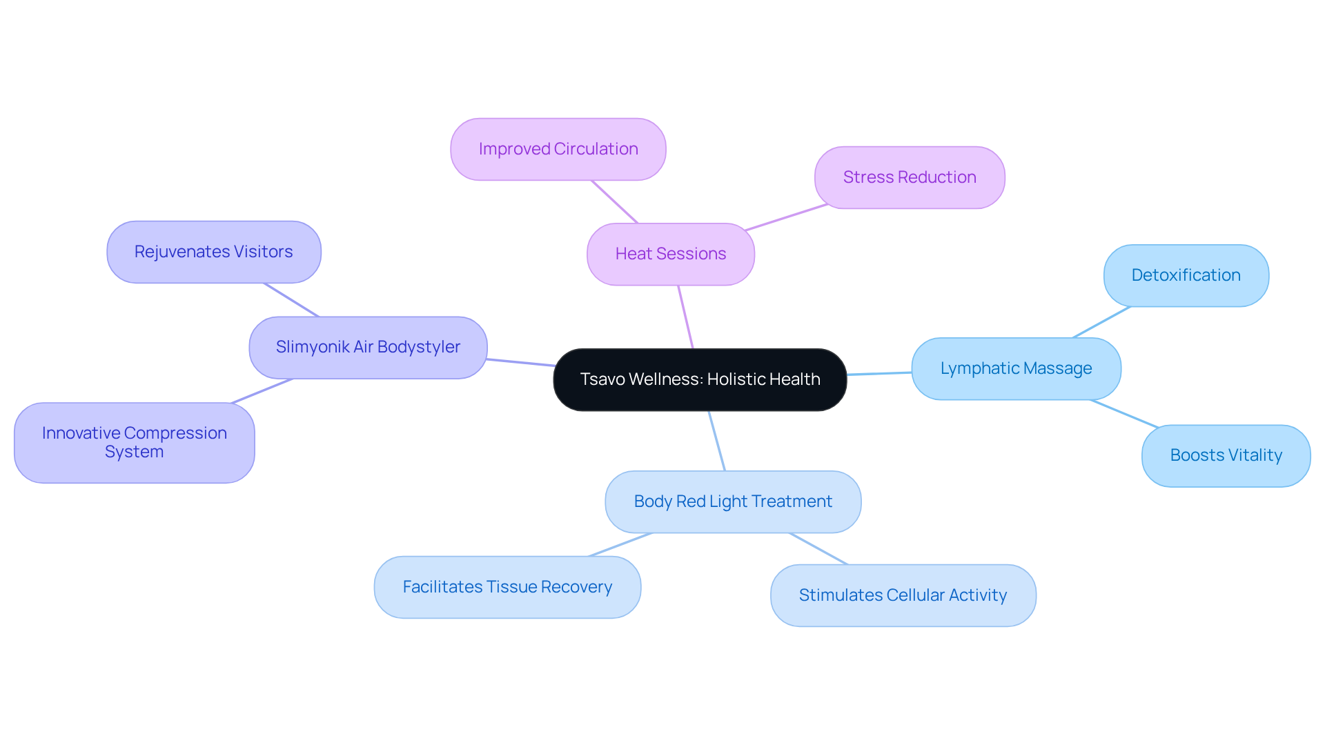 Start in the middle with the main concept of holistic health, then explore the branches that represent each service and its benefits—this helps you see how everything is connected in promoting wellness. Start in the middle with the main concept of holistic health, then explore the branches that represent each service and its benefits—this helps you see how everything is connected in promoting wellness.