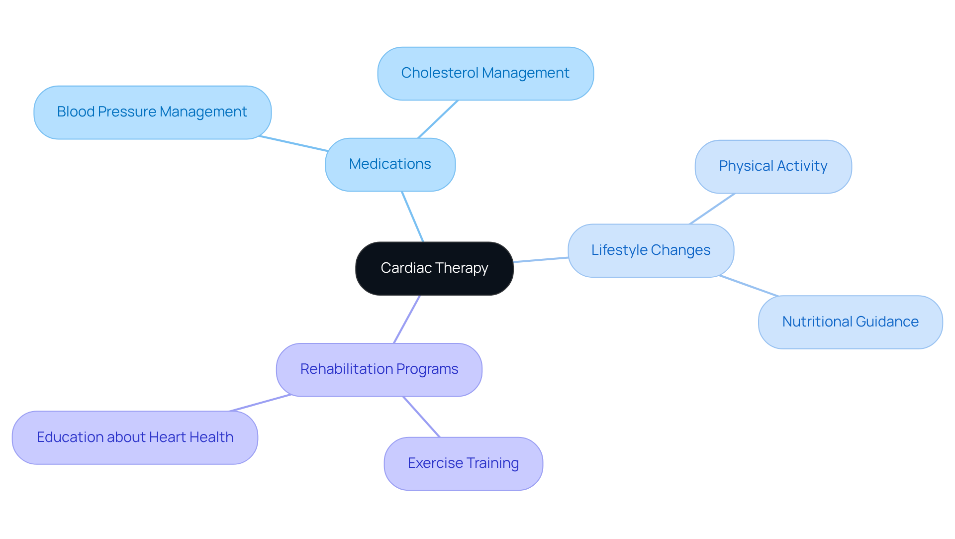 The central node represents cardiac therapy, while the branches show the main components and their subcategories. Each color-coded branch helps you see how different aspects contribute to heart health and recovery.