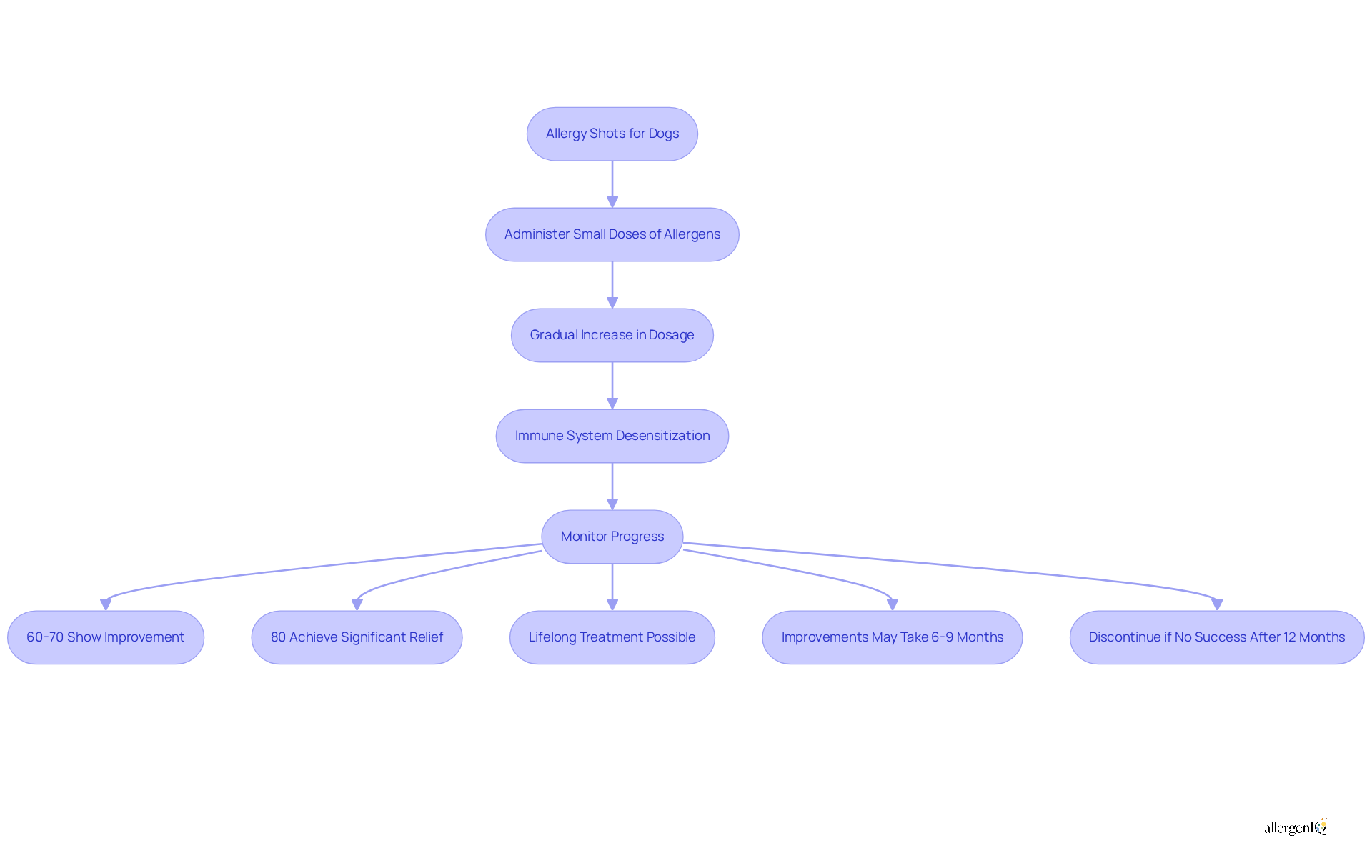 Follow the flow from the start of the treatment to see how allergy shots help dogs. Each step shows what happens next, and the statistics highlight how effective the treatment can be.