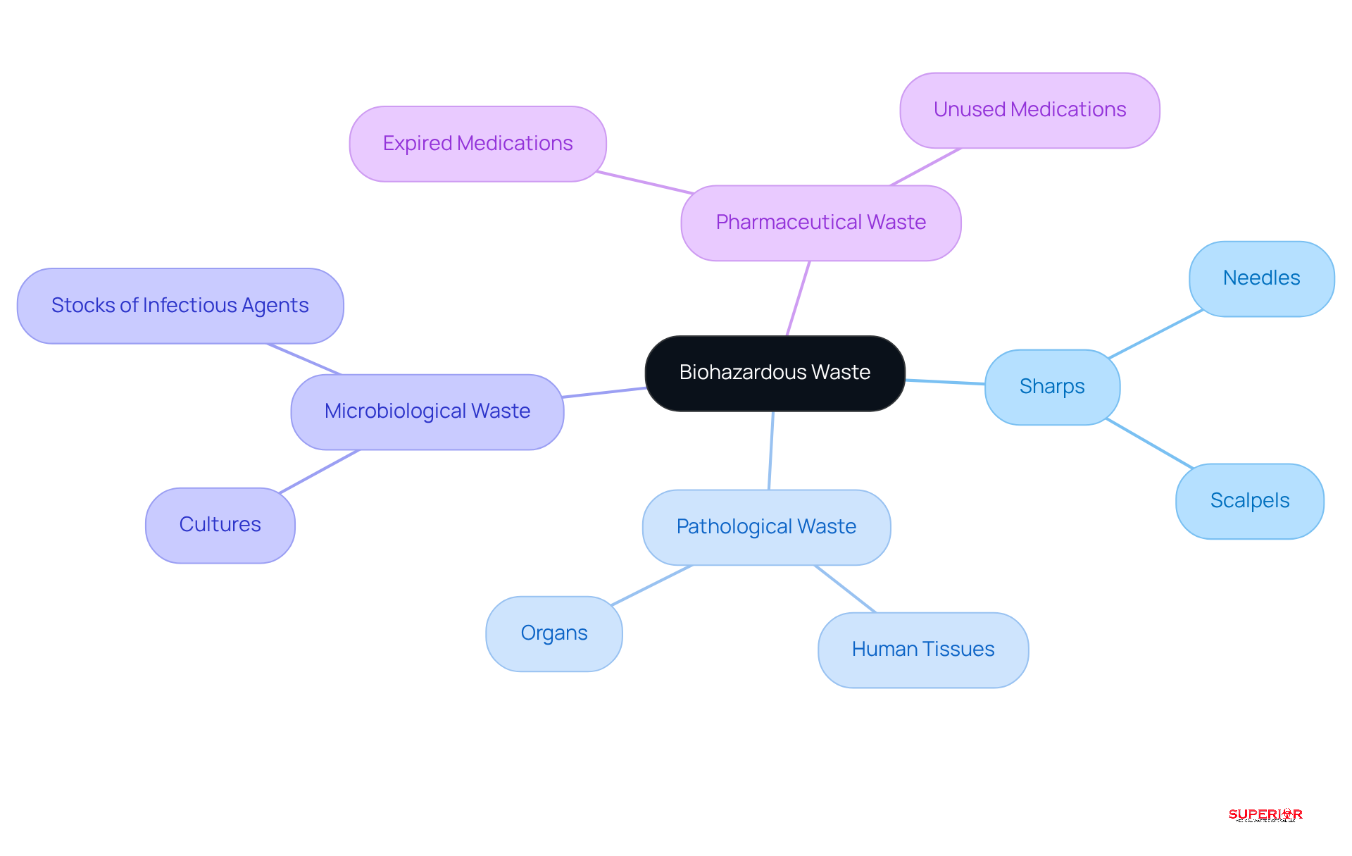 The central node represents biohazardous waste, and each branch shows a specific category. The sub-branches provide details about what each category includes, helping you understand the different types of waste and their risks.