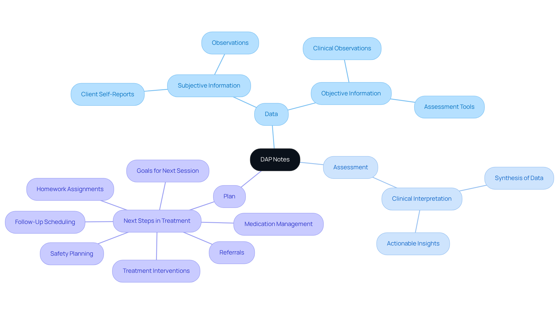 Start at the center with DAP notes, then follow the branches to explore each component. Each section shows what information is captured and its purpose in the documentation process.