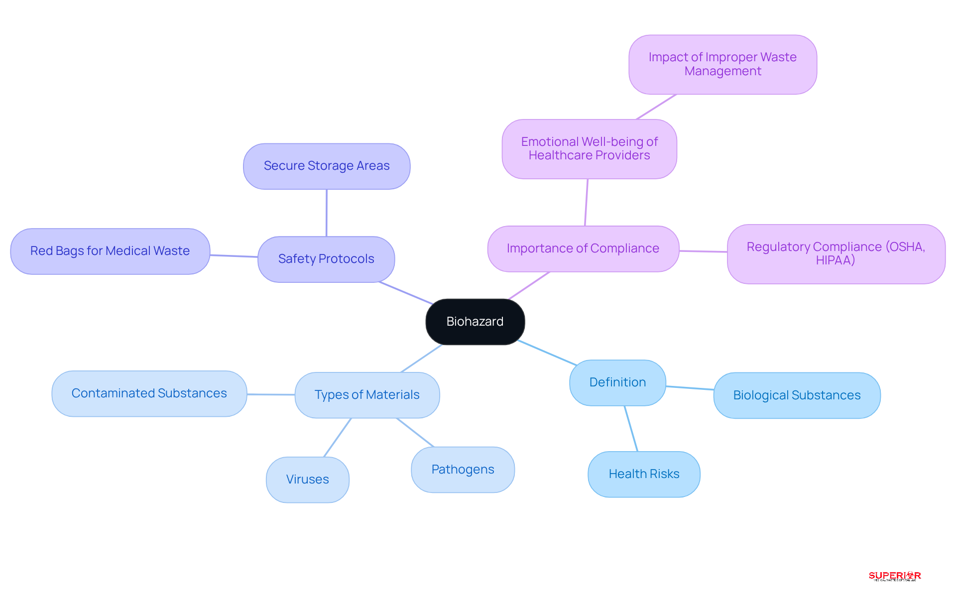 The central node represents the concept of biohazards, while the branches show related topics. Each color-coded branch helps you see how different aspects connect to the main idea, making it easier to understand the importance of managing biohazards in healthcare.