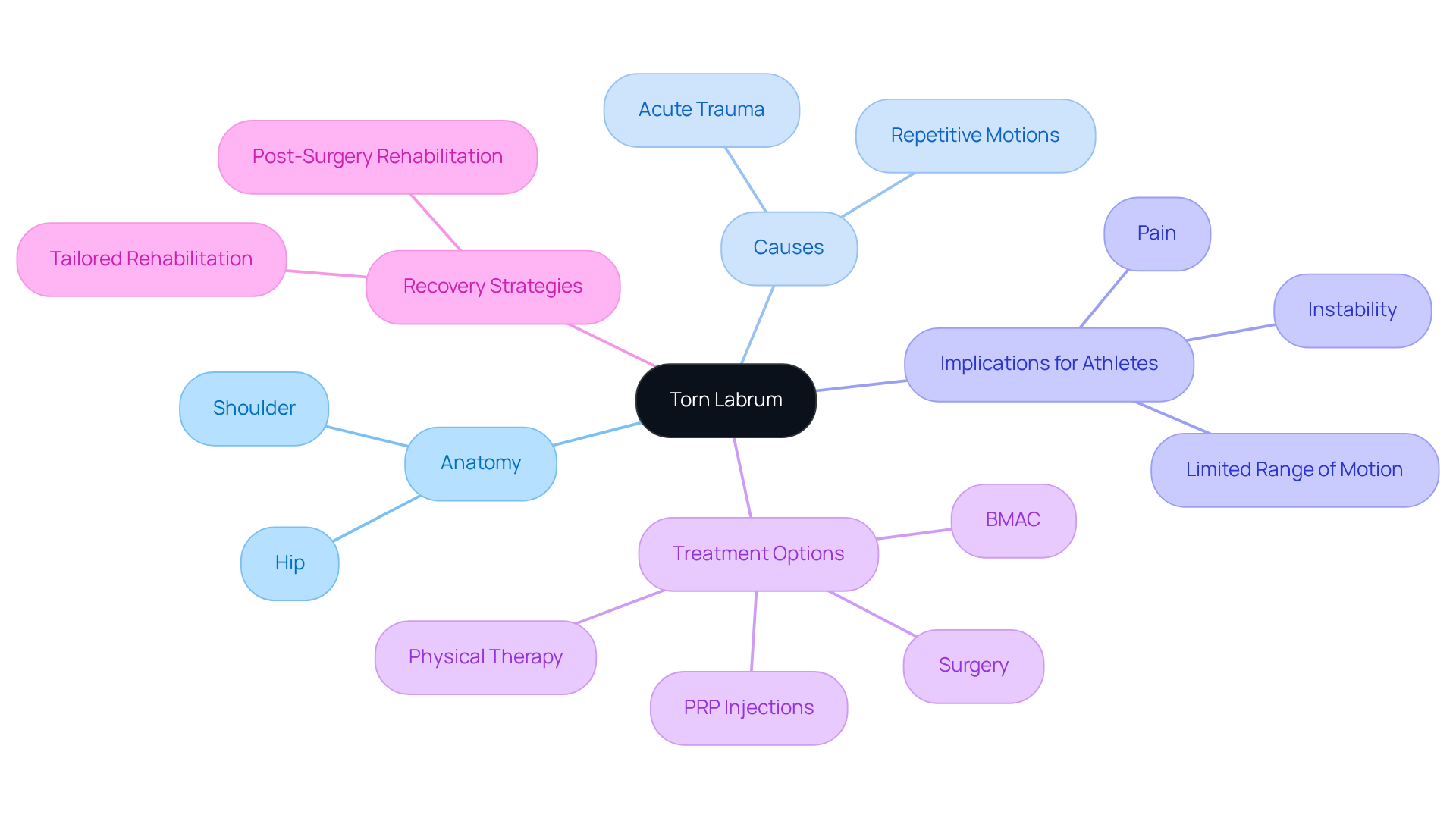 The central node represents the torn labrum, with branches showing different related topics. Each color-coded branch helps you navigate through the anatomy, causes, implications, treatments, and recovery strategies associated with this injury.