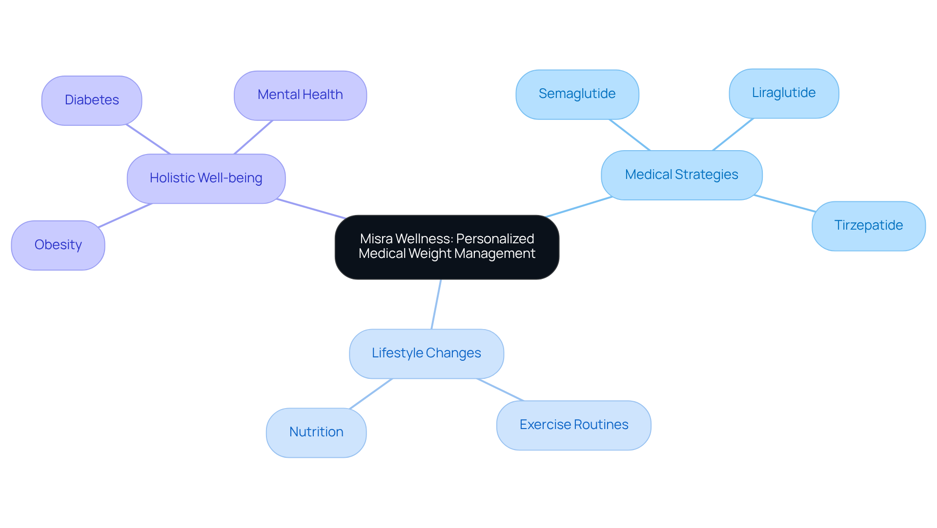 This mindmap illustrates how Misra Wellness approaches weight management. Start at the center with the main idea, then explore the branches to see the medical strategies, lifestyle changes, and holistic aspects that support your journey to better health.