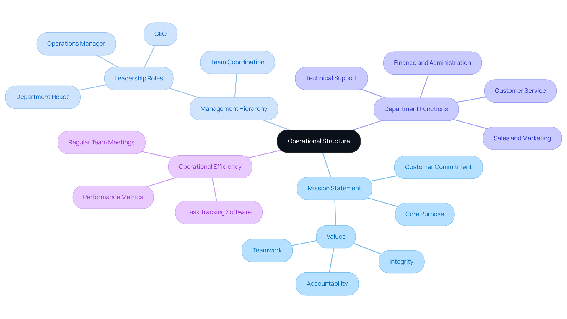 The central node represents the overall operational structure, while the branches illustrate key components like the mission and management roles — follow each branch to see how the parts fit together.