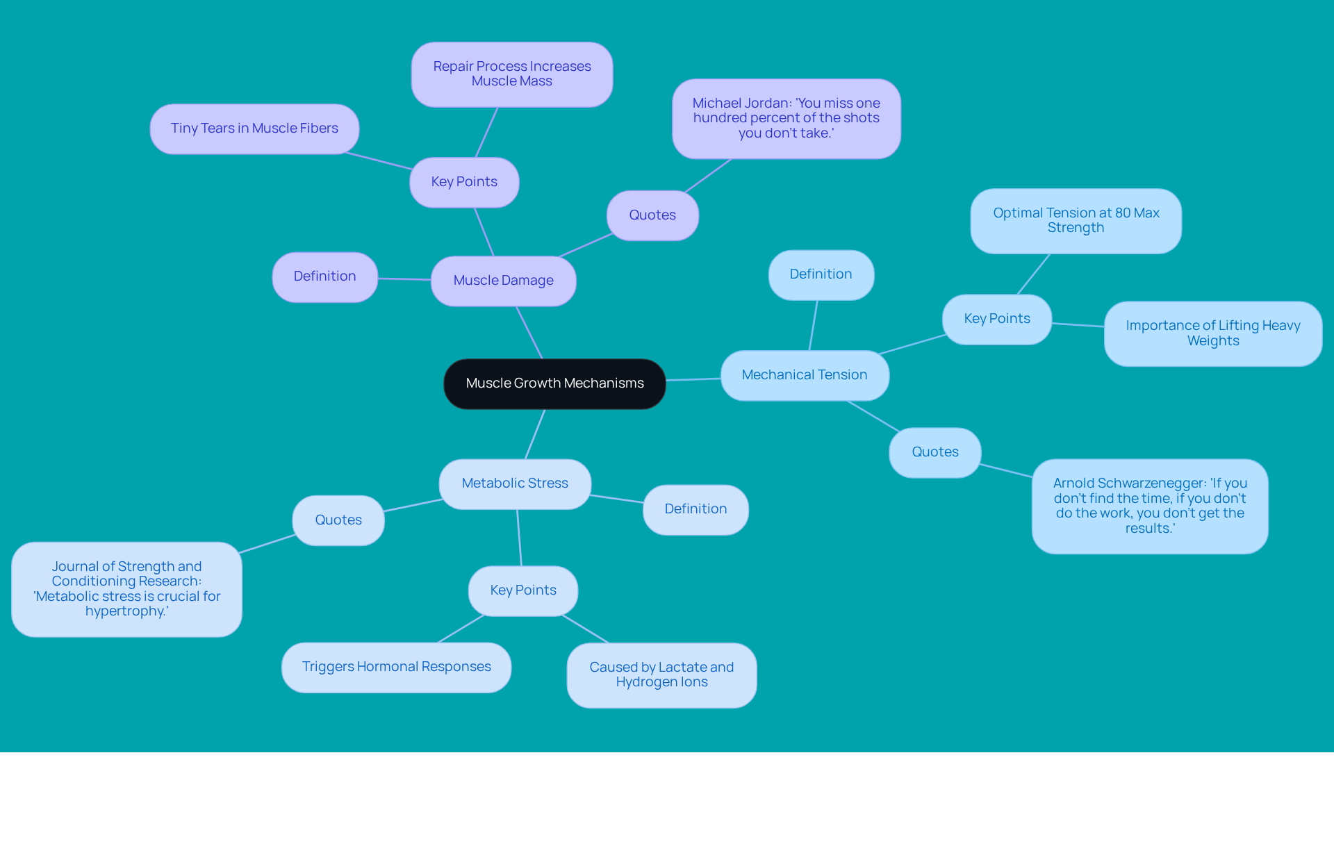The central node represents the overall concept of muscle growth, while the branches show the three key mechanisms. Each sub-branch provides additional details and insights, helping you see how these elements work together to promote muscle development.