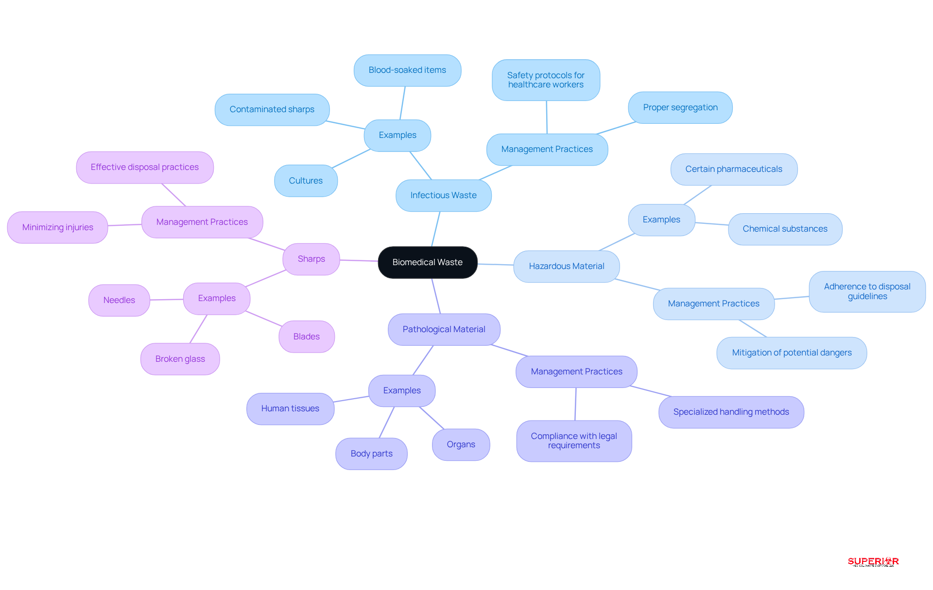 The central node represents biomedical waste, and each branch shows a different category. Follow the branches to learn about the types of waste and their specific handling requirements.