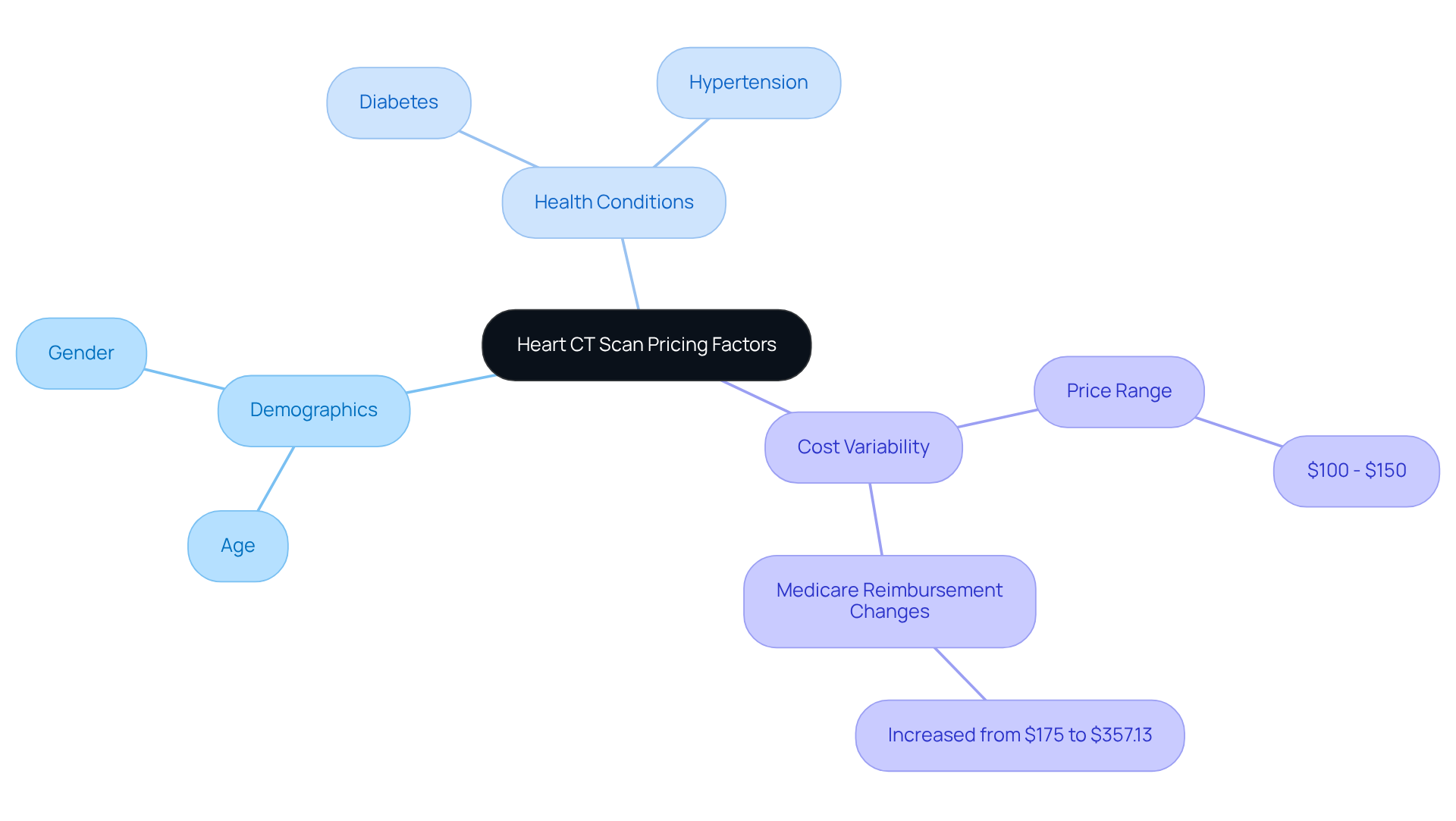 The central node represents the main topic, while branches show how different demographics and health conditions affect the costs of heart CT scans. Each branch helps you see the connections and influences clearly.