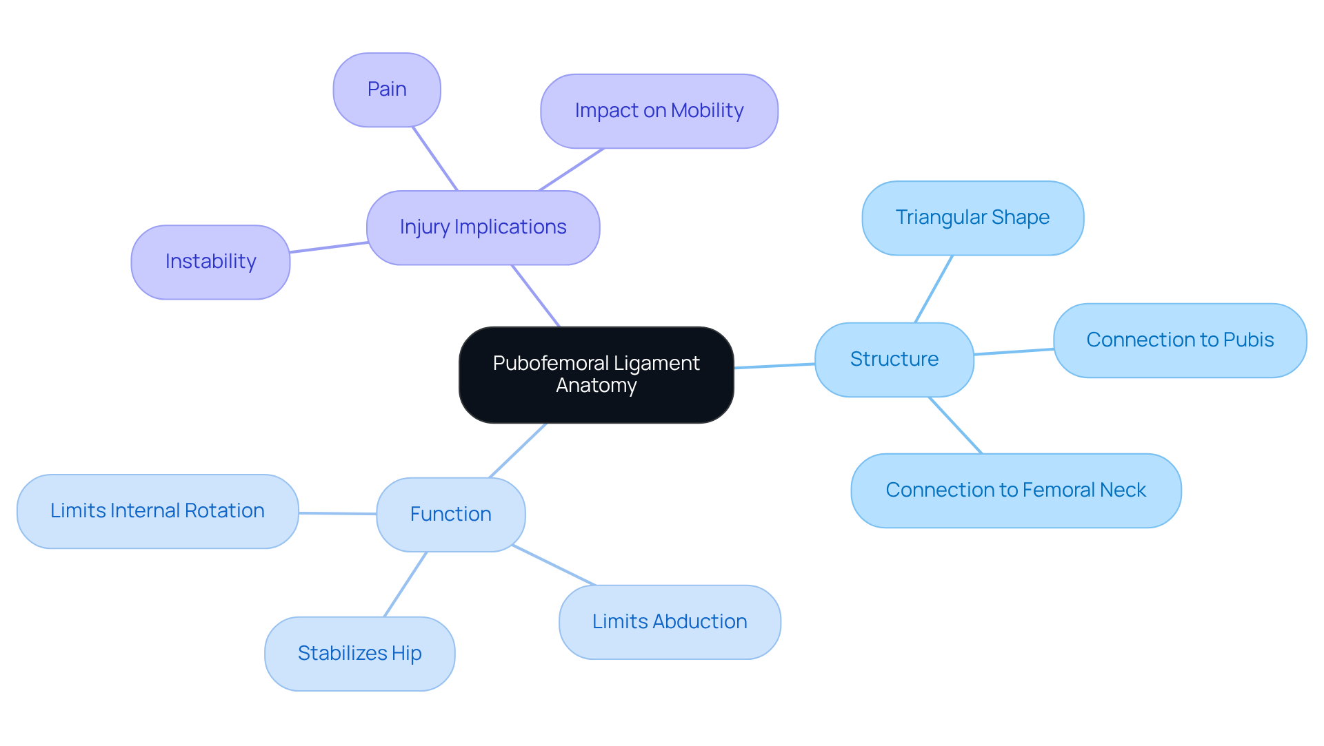 The central node represents the ligament, with branches showing its structure, function, and what happens if it's injured. Each color-coded branch helps you see how everything connects.