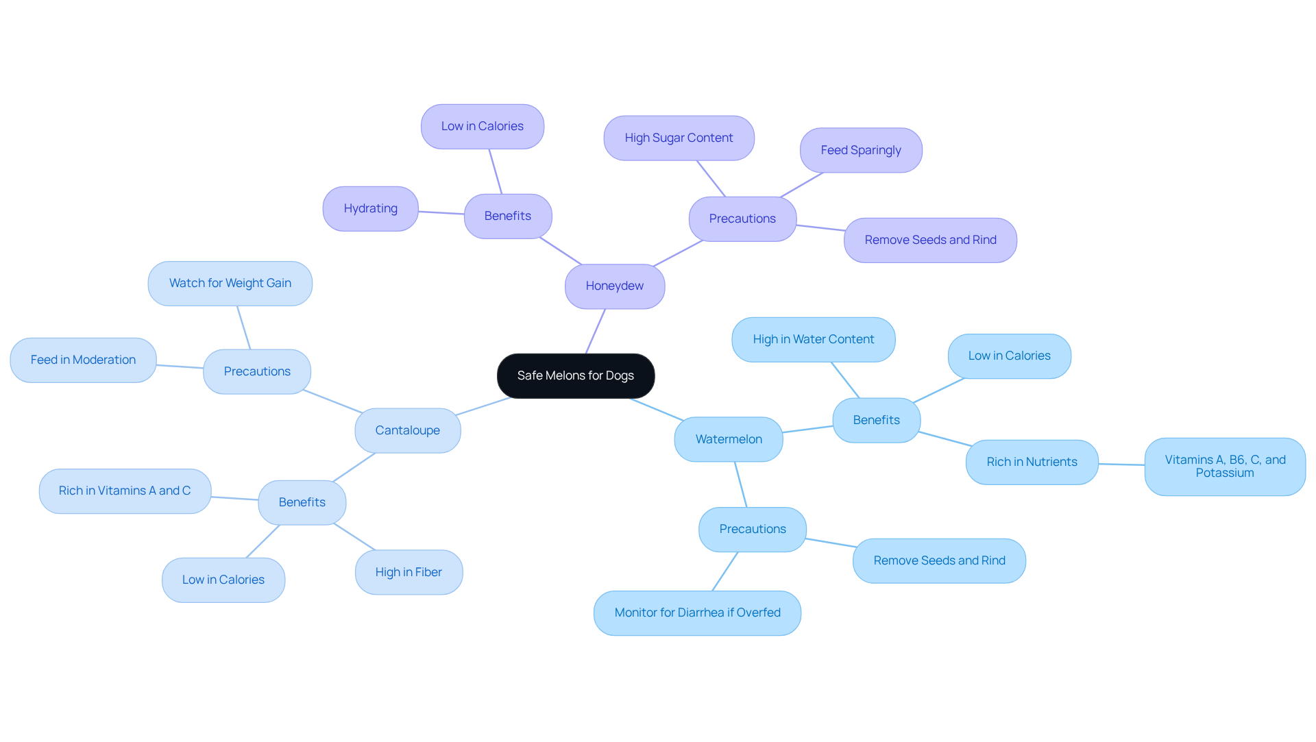 The center represents the main topic, while the branches show different types of melons that are safe for dogs, along with their benefits and precautions. Follow the branches to learn more about each melon type and how they can be included in your dog's diet.