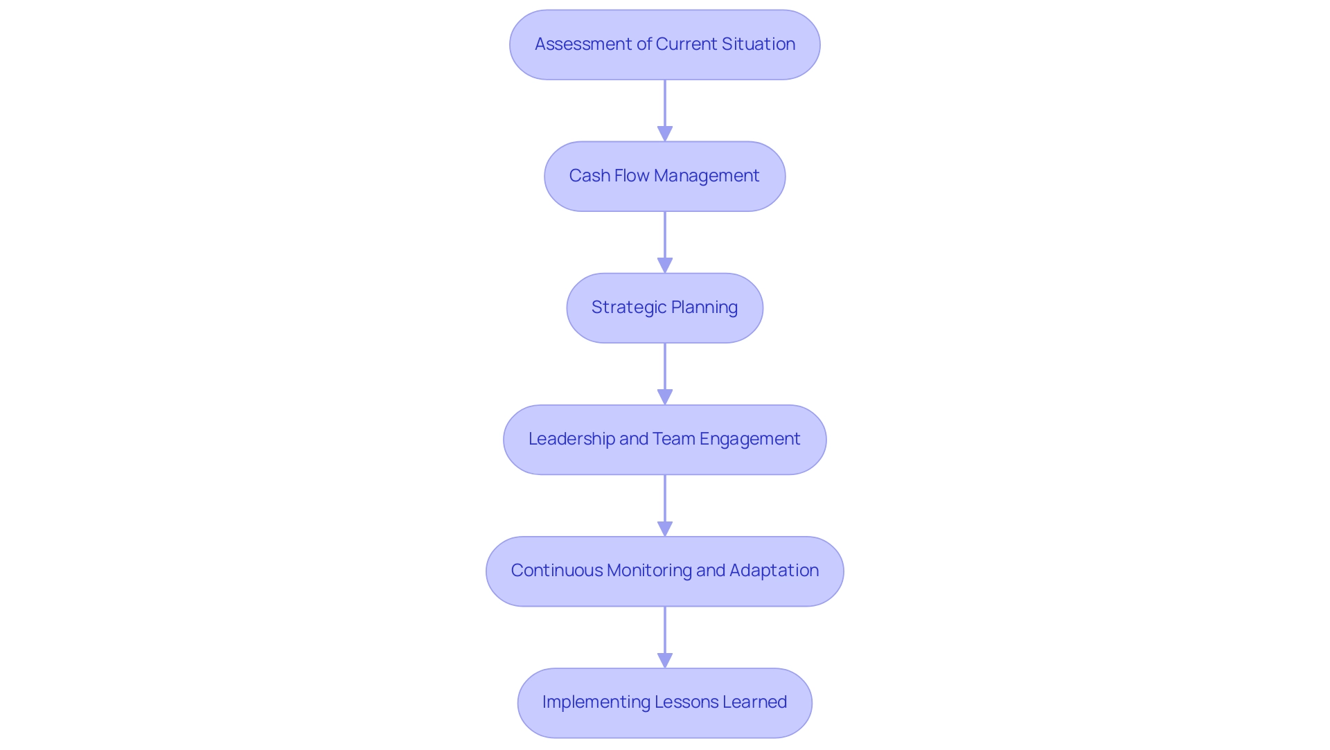 Each box represents a principle in turnaround management, with arrows indicating the progression through the recovery process.