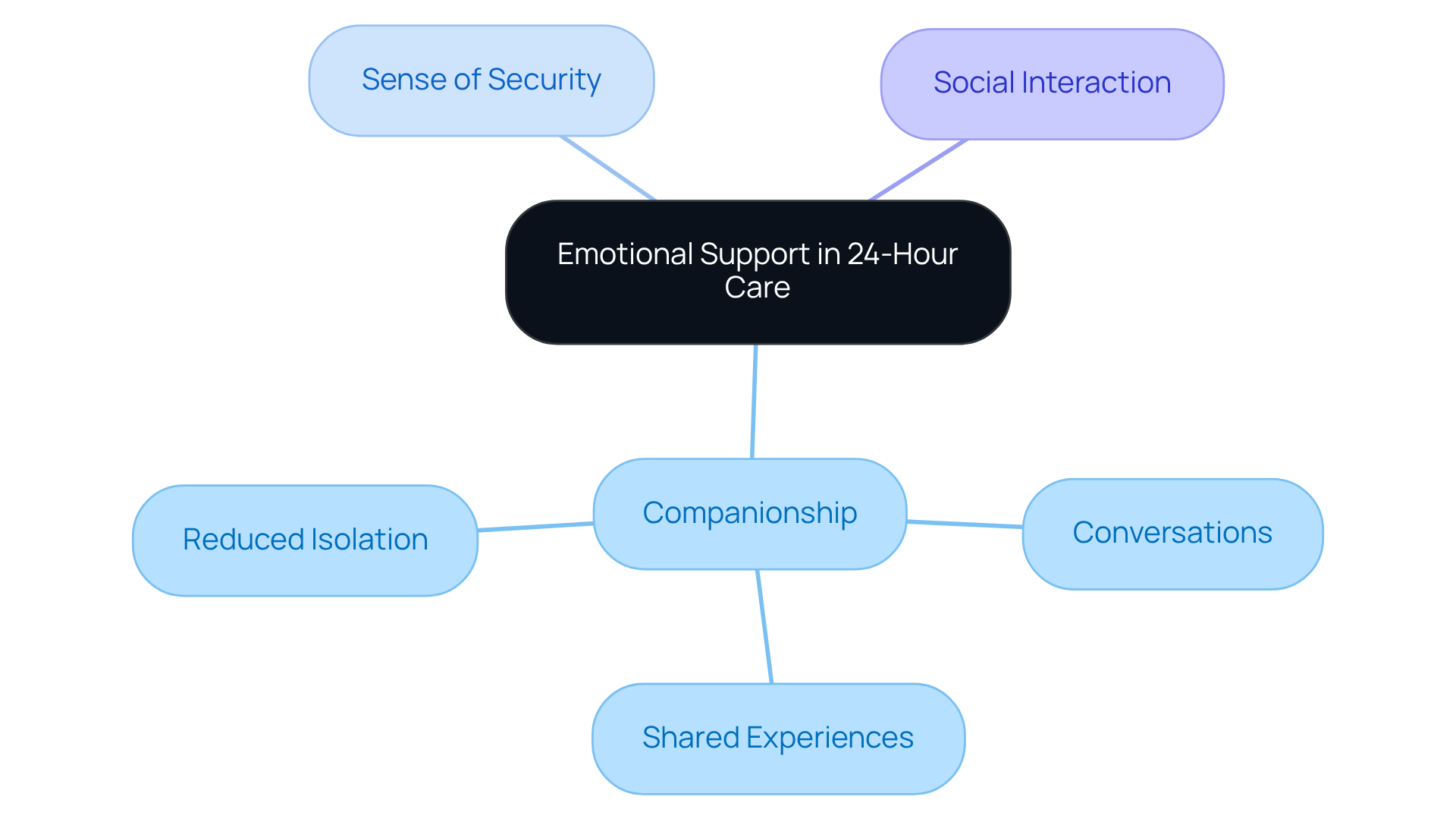 This mindmap shows how emotional support is provided through 24-hour care. Start in the center with the main theme, then explore the different branches that explain how companionship and connection positively impact the lives of older adults.