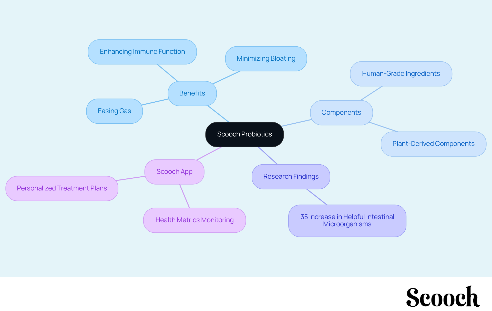 The central node represents Scooch Probiotics, with branches illustrating its benefits, key ingredients, research insights, and app features. Each branch provides a deeper look into how these elements contribute to your dog's health.