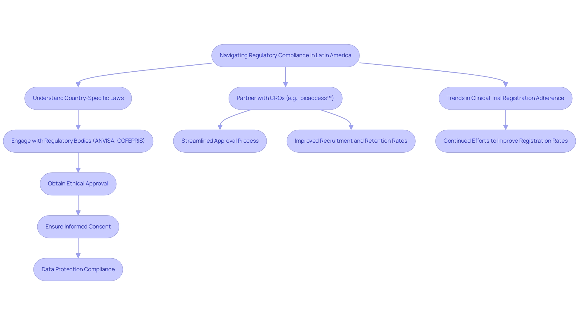 Boxes represent steps in the regulatory compliance process, with color coding indicating regulatory bodies (blue), compliance steps (green), and partnerships (orange). Arrows indicate the progression and relationships between steps.