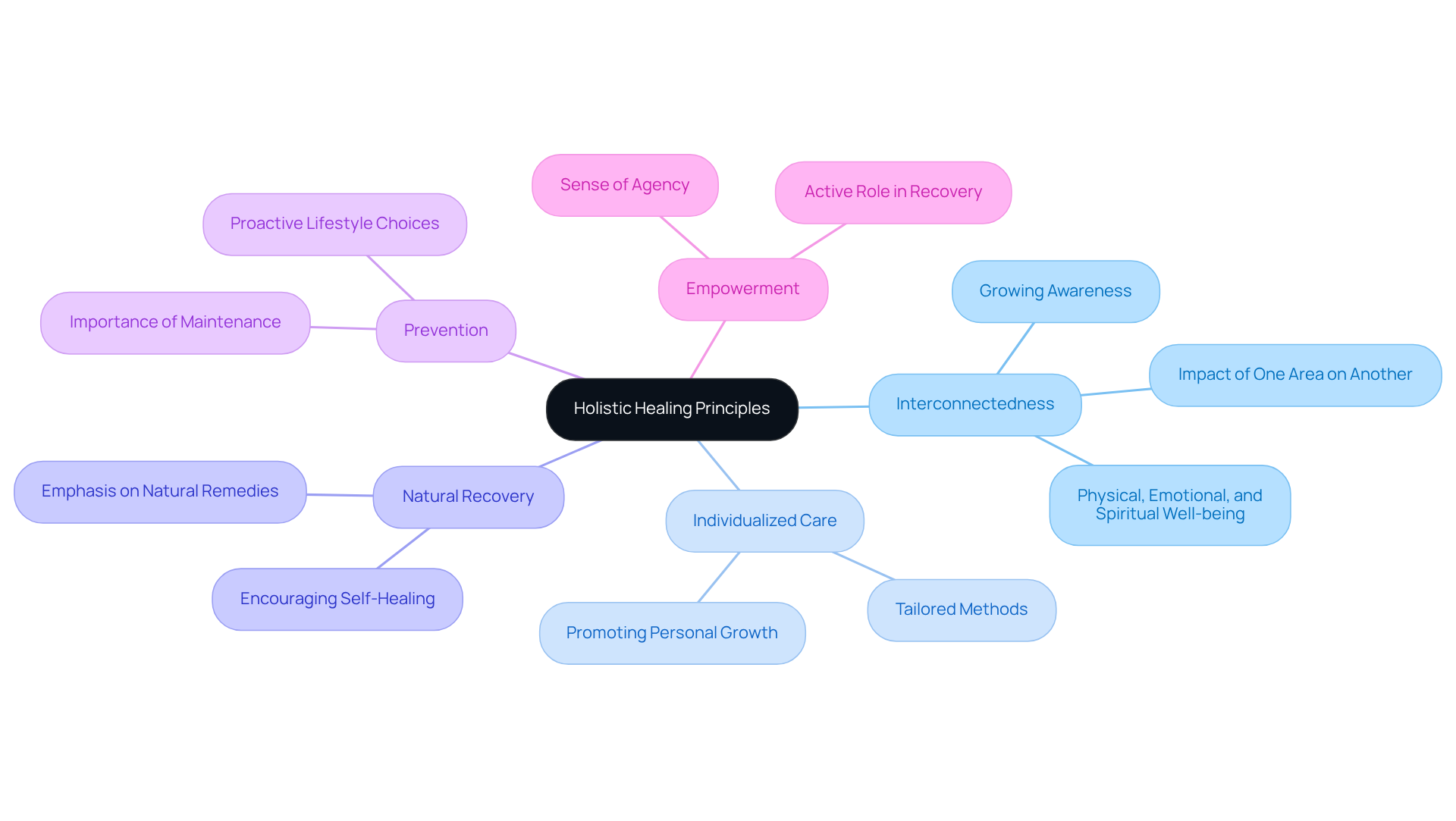 Start at the center with the main theme of holistic healing. Each branch represents a principle, and you can follow the sub-branches to see the important details that explain each principle further.