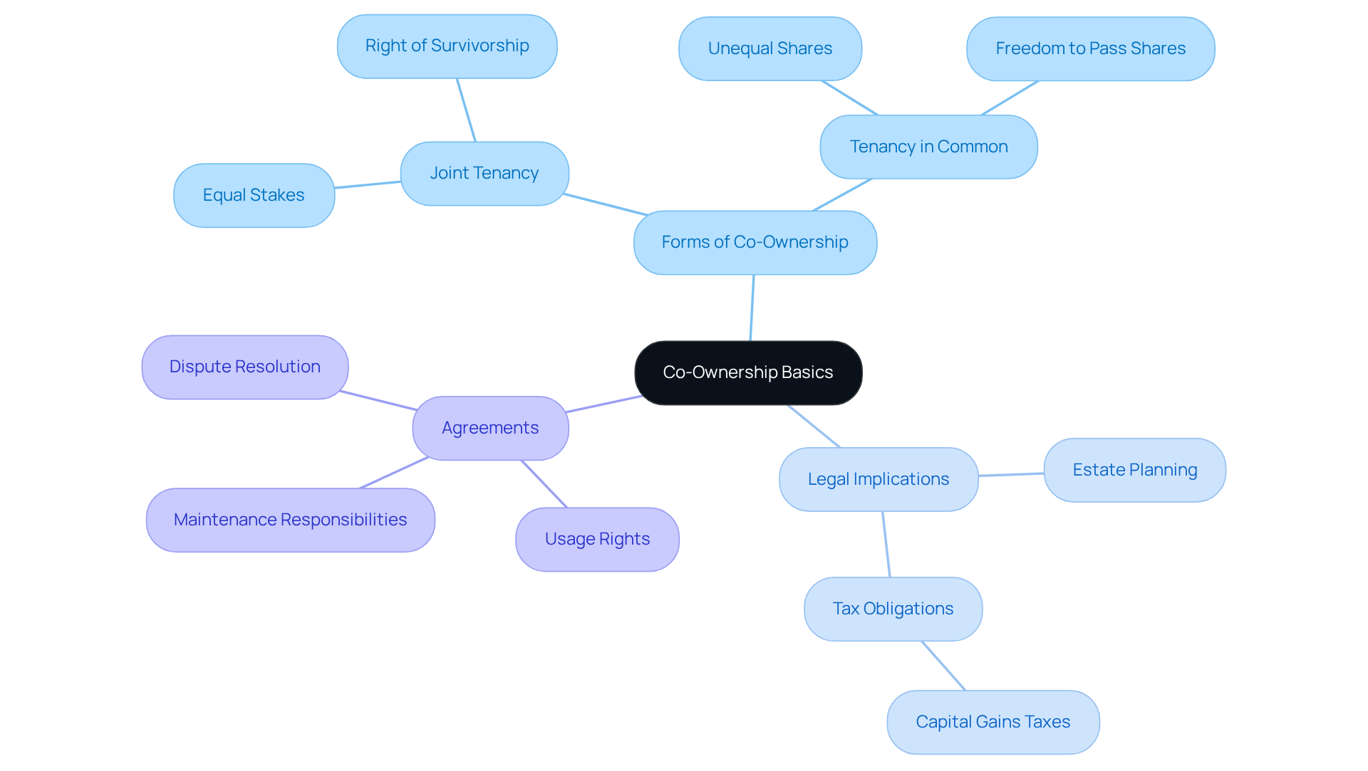 The central node represents the main topic of co-ownership, while the branches show different aspects like types of ownership and legal considerations. Each branch helps you see how these elements connect and influence each other. The central node represents the main topic of co-ownership, while the branches show different aspects like types of ownership and legal considerations. Each branch helps you see how these elements connect and influence each other.