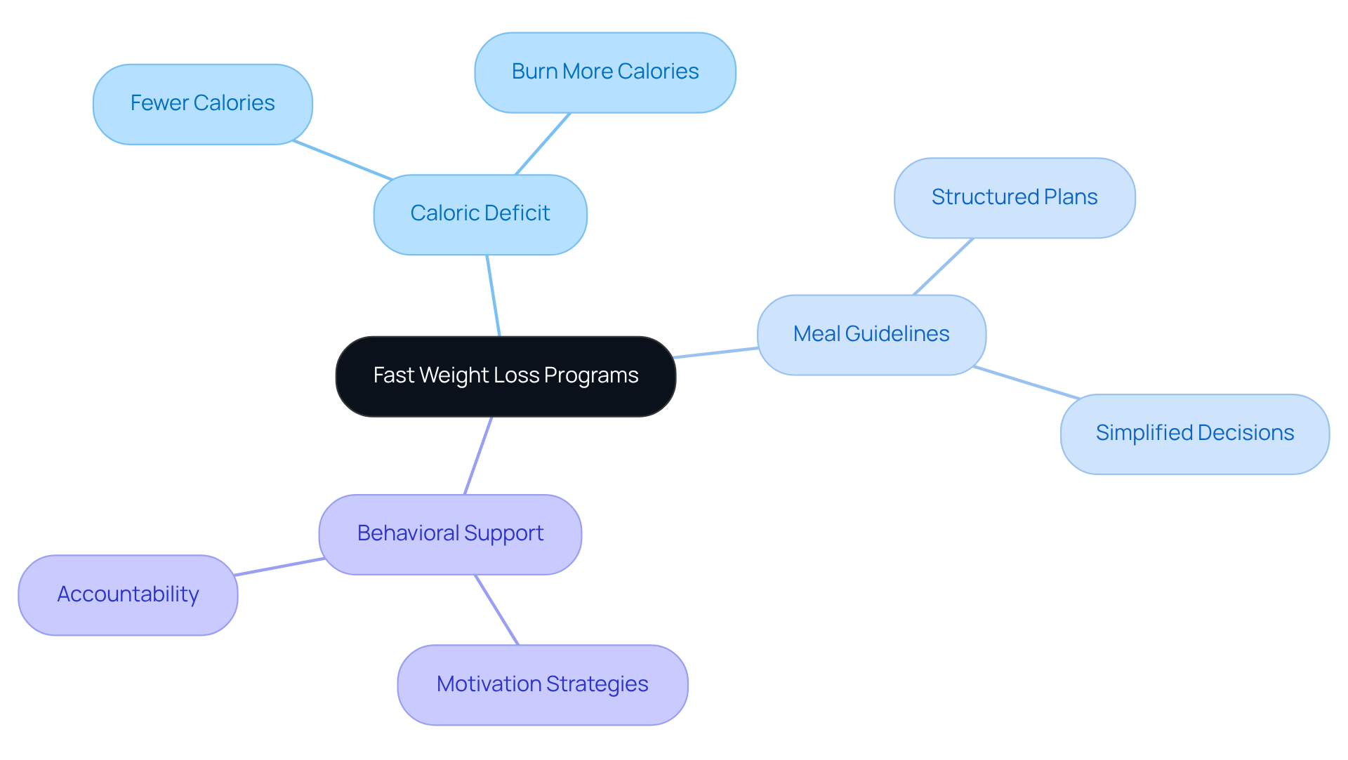 The center represents the main topic of fast weight loss programs, with branches showing different strategies. Each branch highlights a key area, and sub-branches provide more detail on specific approaches.