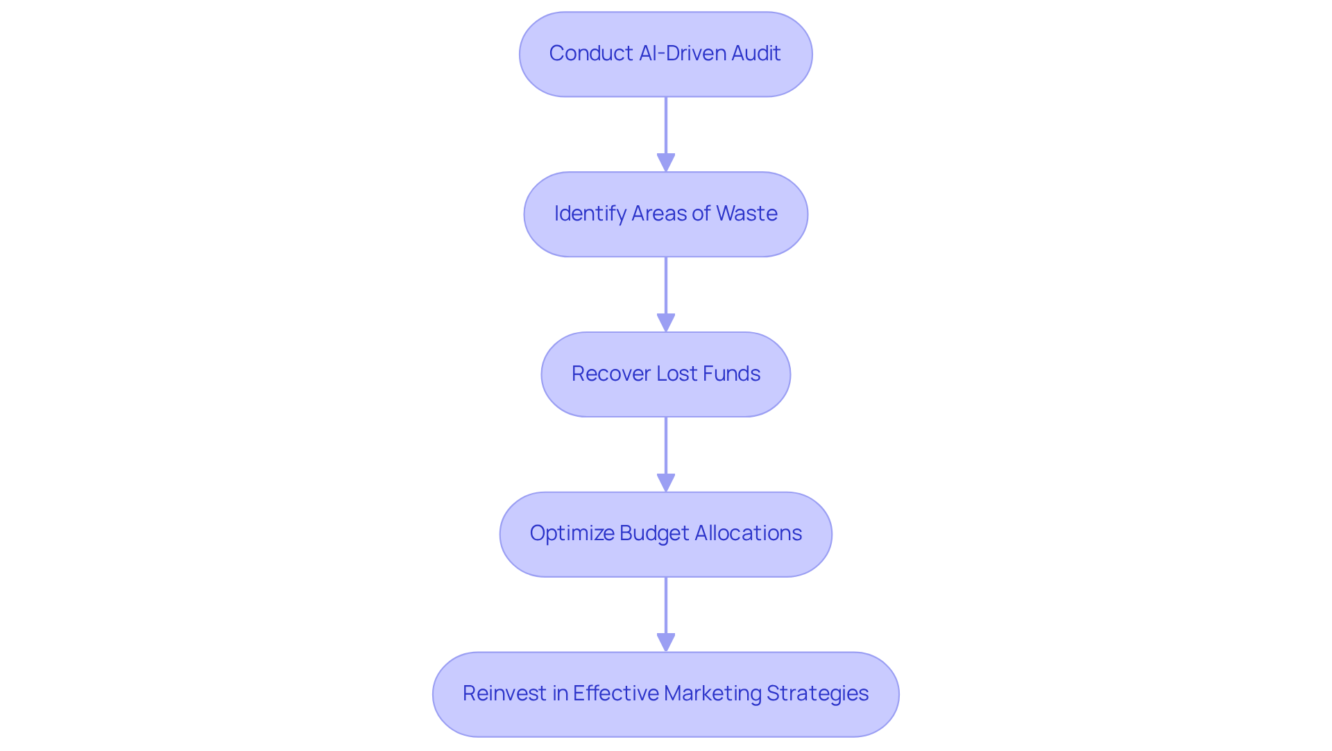 Each box represents a step in the auditing process. Follow the arrows to see how conducting an audit leads to identifying waste and ultimately reinvesting in better marketing strategies.