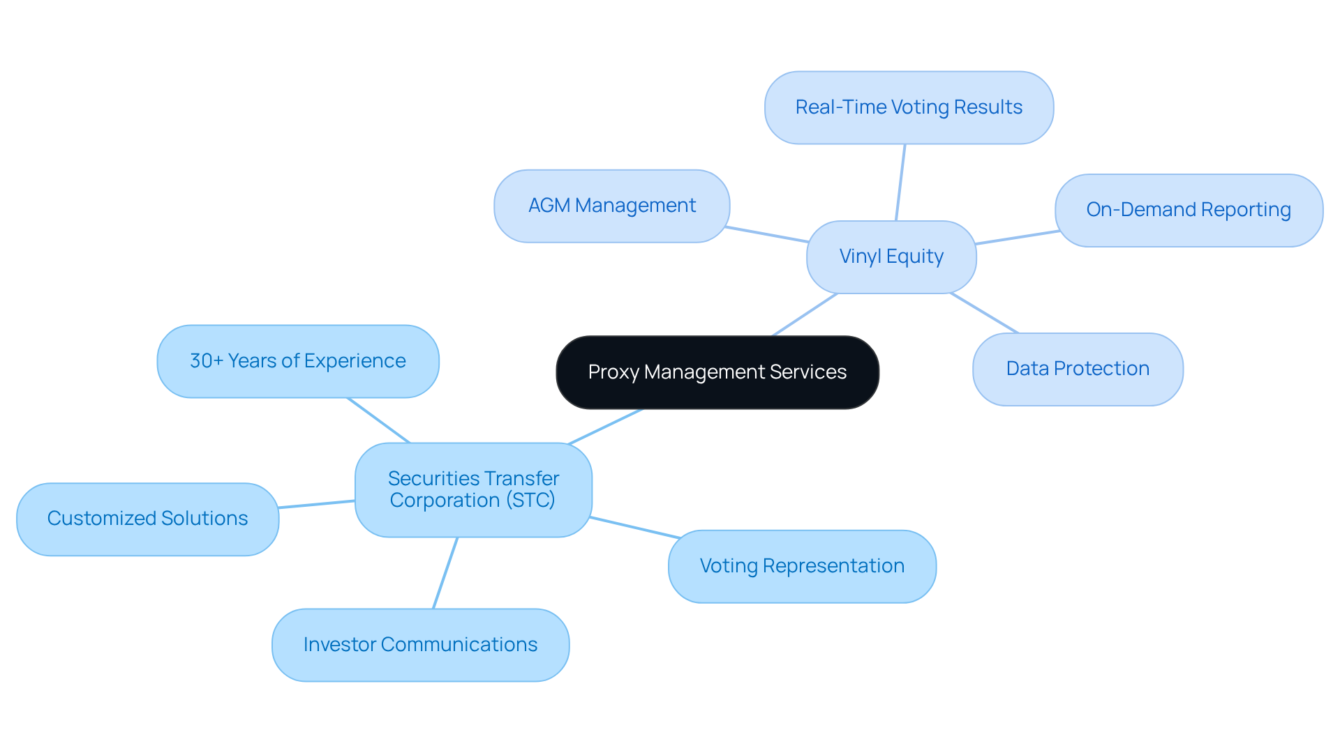 The central node represents the overall topic, while the branches show the two companies and their specific strengths. Each sub-branch highlights key features, making it easy to see how they compare.