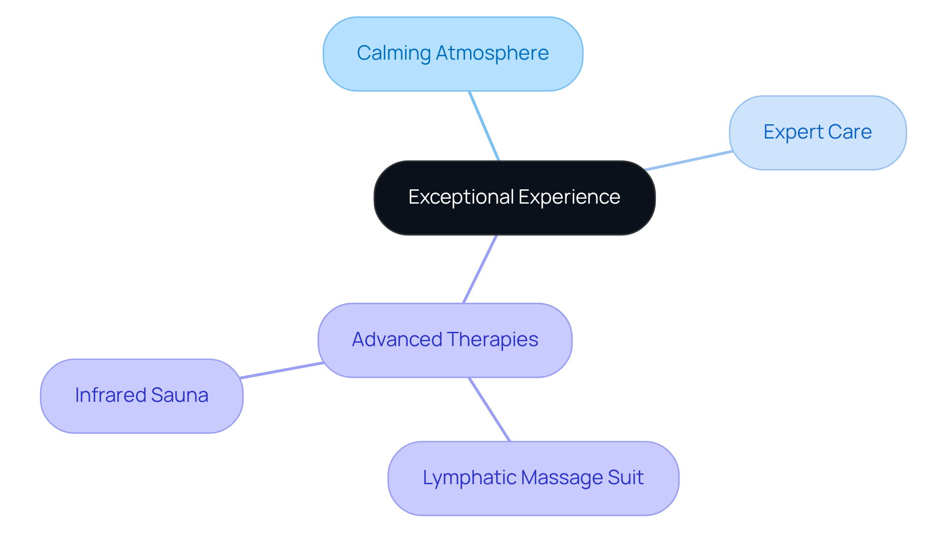This mindmap shows how the wellness center creates an exceptional experience for clients. The central idea branches out to highlight the calming atmosphere, expert care, and the advanced therapies that contribute to a holistic approach to wellbeing.