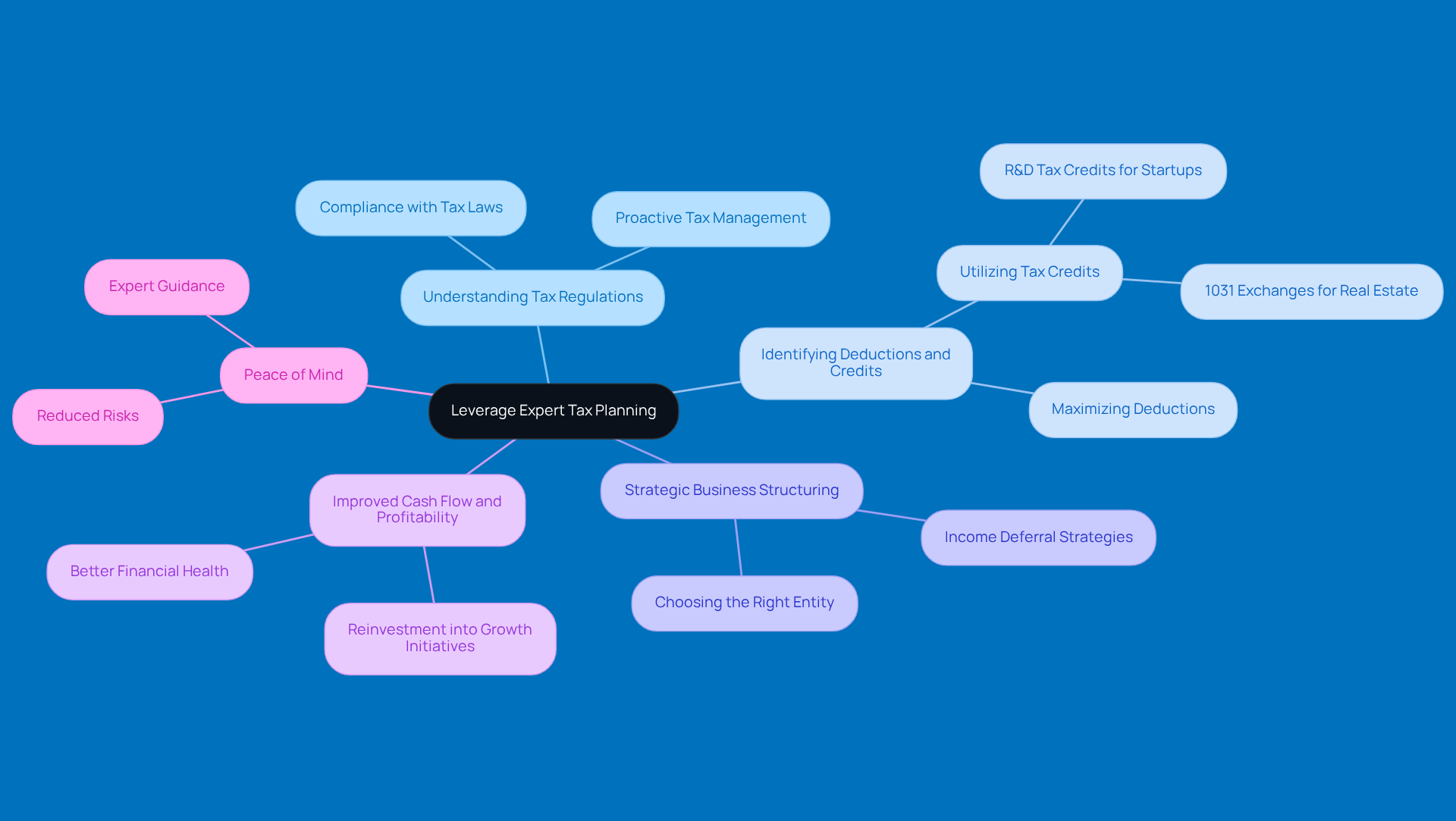 The central node represents the main idea of tax planning expertise, while the branches illustrate the various benefits and strategies that can help small businesses thrive financially.