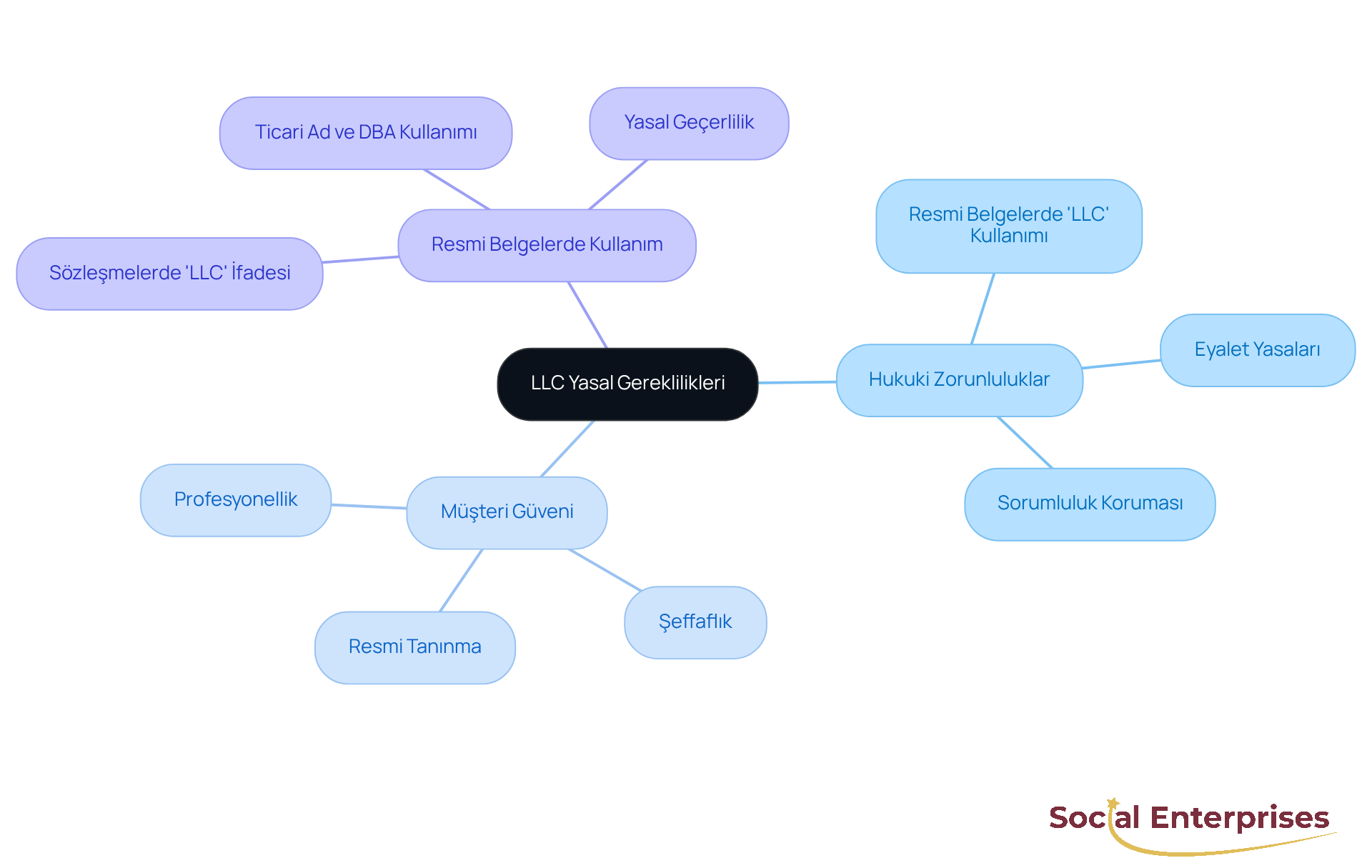 Merkezdeki başlık, LLC'nin yasal gerekliliklerini temsil eder. Dallar, bu gerekliliklerin ana noktalarını ve detaylarını gösterir. Her dalın rengi, konunun farklı yönlerini ayırt etmeye yardımcı olur. Merkezdeki başlık, LLC'nin yasal gerekliliklerini temsil eder. Dallar, bu gerekliliklerin ana noktalarını ve detaylarını gösterir. Her dalın rengi, konunun farklı yönlerini ayırt etmeye yardımcı olur.