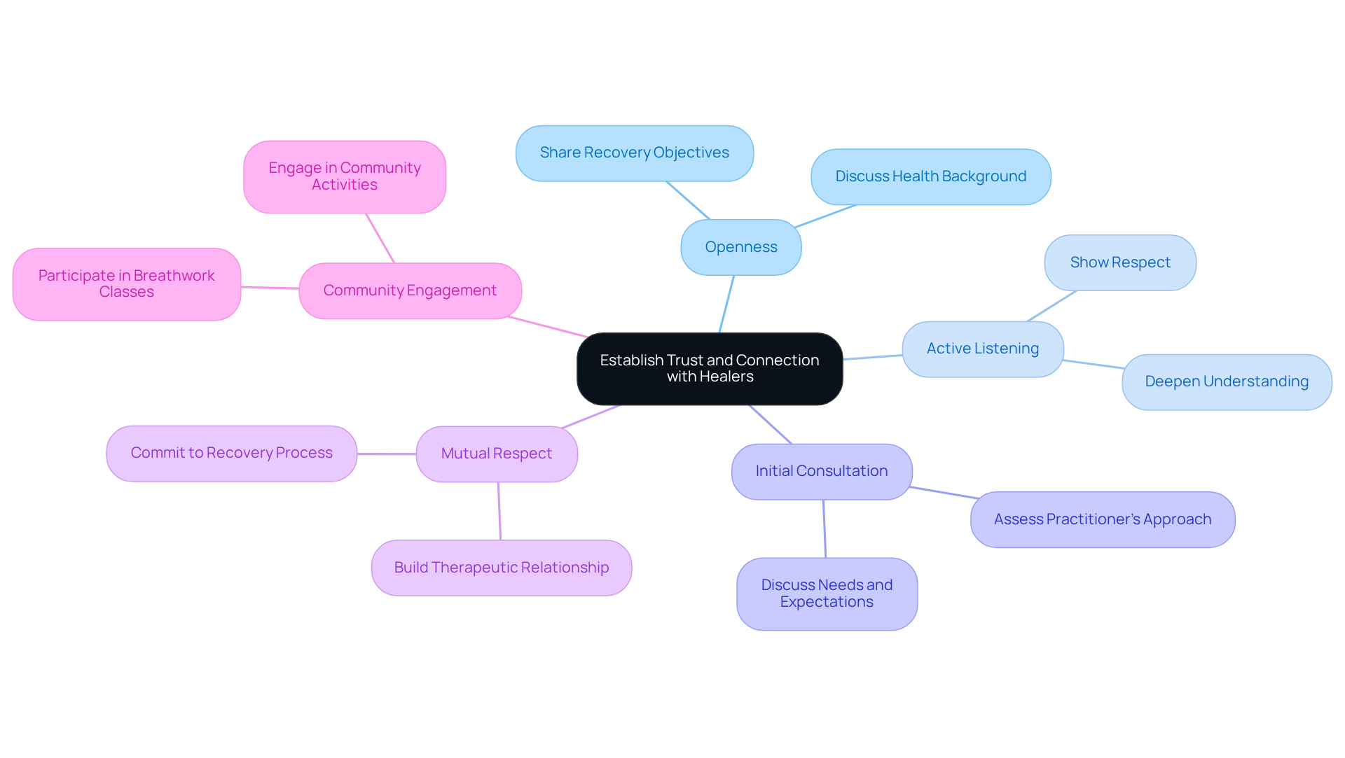 The central idea is about establishing trust with healers. Each branch represents a key aspect of this process, and the sub-branches detail actions or benefits related to that aspect. Follow the branches to see how each part contributes to a stronger therapeutic relationship. The central idea is about establishing trust with healers. Each branch represents a key aspect of this process, and the sub-branches detail actions or benefits related to that aspect. Follow the branches to see how each part contributes to a stronger therapeutic relationship.