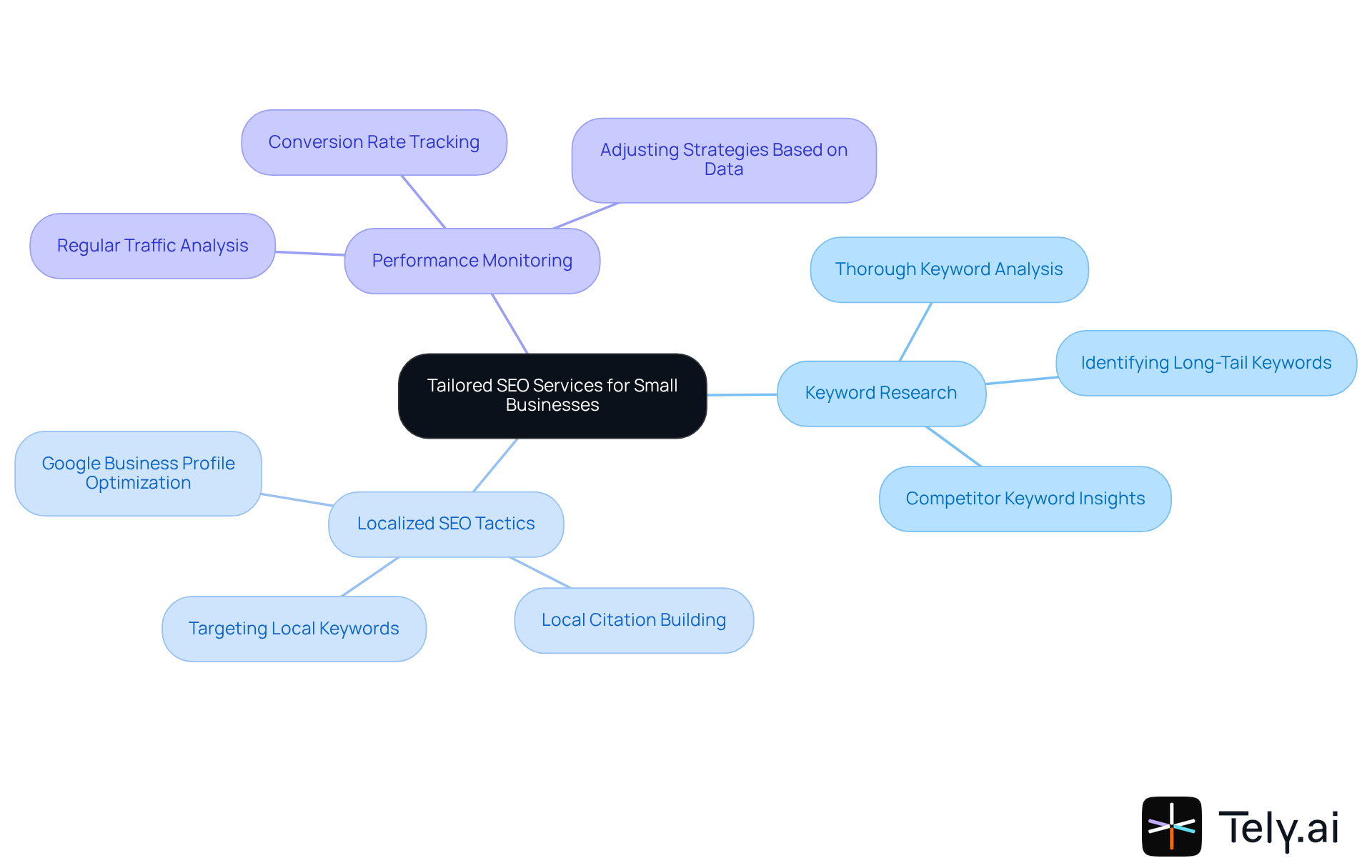 The center represents the main service offered, while the branches show the specific strategies used to help small businesses improve their online visibility and growth.