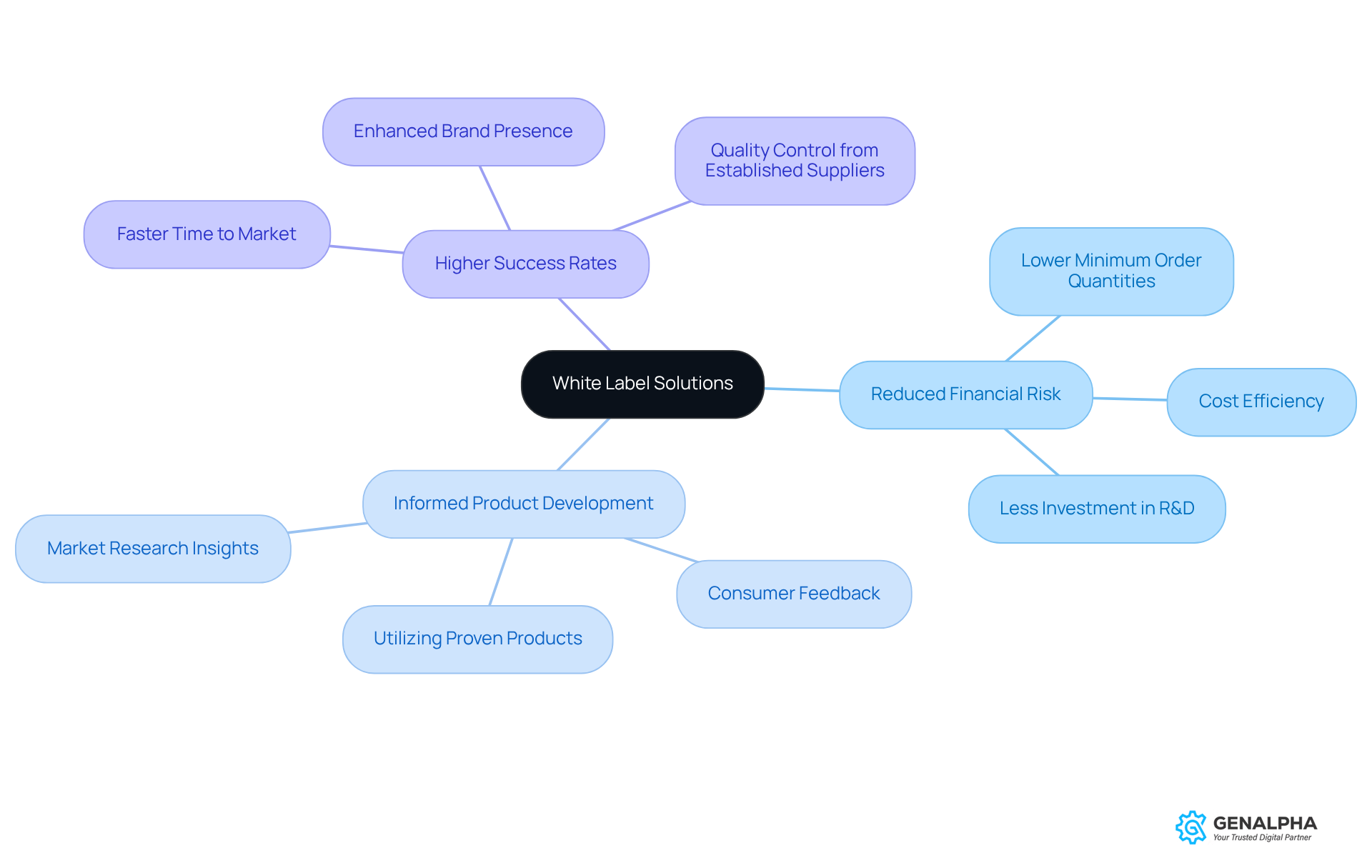 The center shows the main idea of white label solutions, and the branches illustrate how they help reduce risks and improve product launches. Each color represents a different benefit, making it easy to follow the connections.
