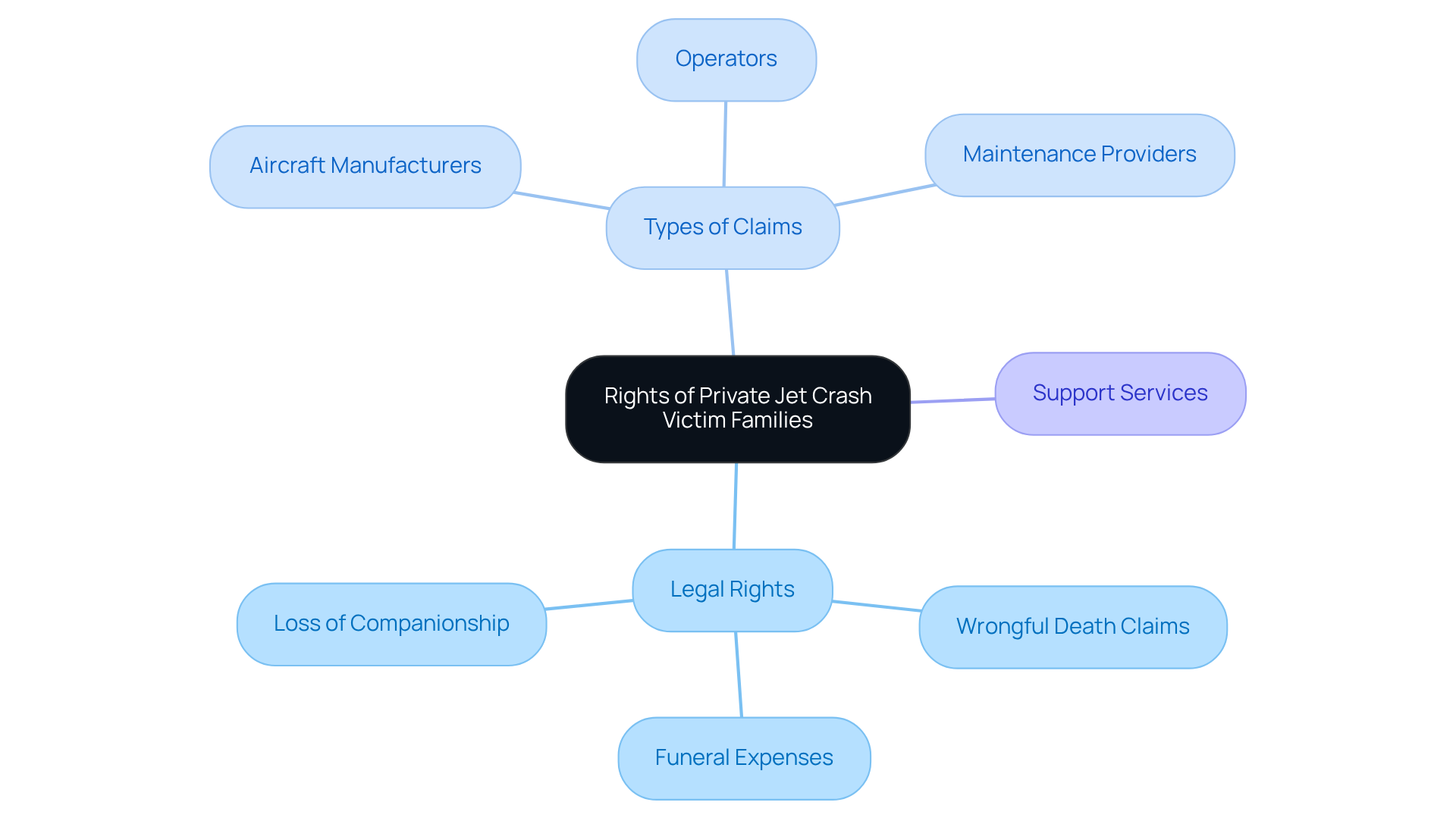 This mindmap illustrates the various rights and options available to families affected by private jet tragedies. Each branch represents a different category of rights or claims, helping families navigate their legal options and find support during a challenging time.