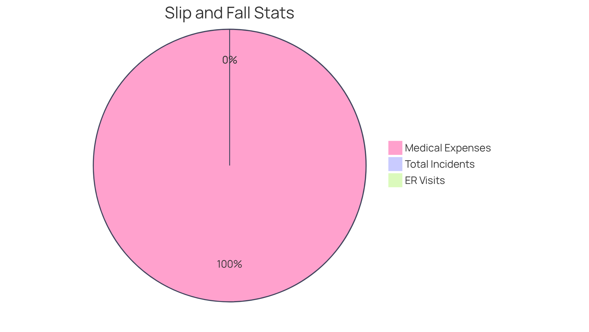 Each slice of the pie shows a different statistic related to slip and fall accidents. The larger the slice, the more significant that statistic is in relation to the total. This helps you see how many incidents lead to emergency visits and the financial impact of these accidents.